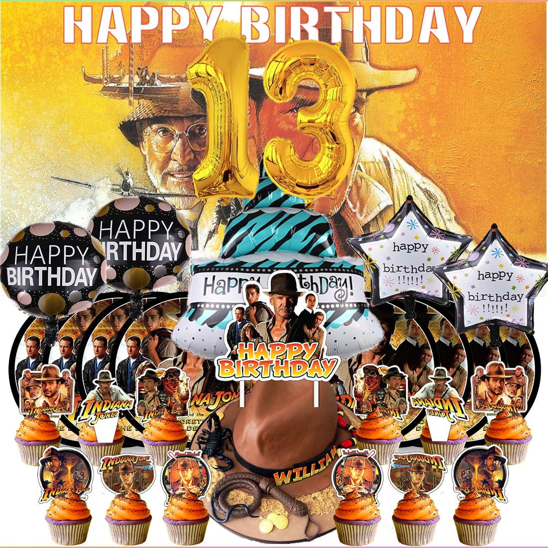 Indiana Jones 13th Tableware Balloons Cake Toppers Backdrop Banner ...
