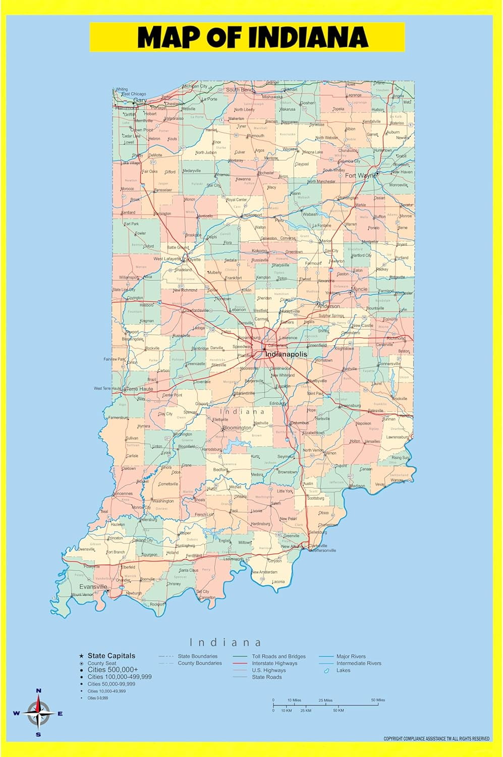 Indiana Map Poster - Laminated Wall Map - Style A - 36x60 - Ideal for ...