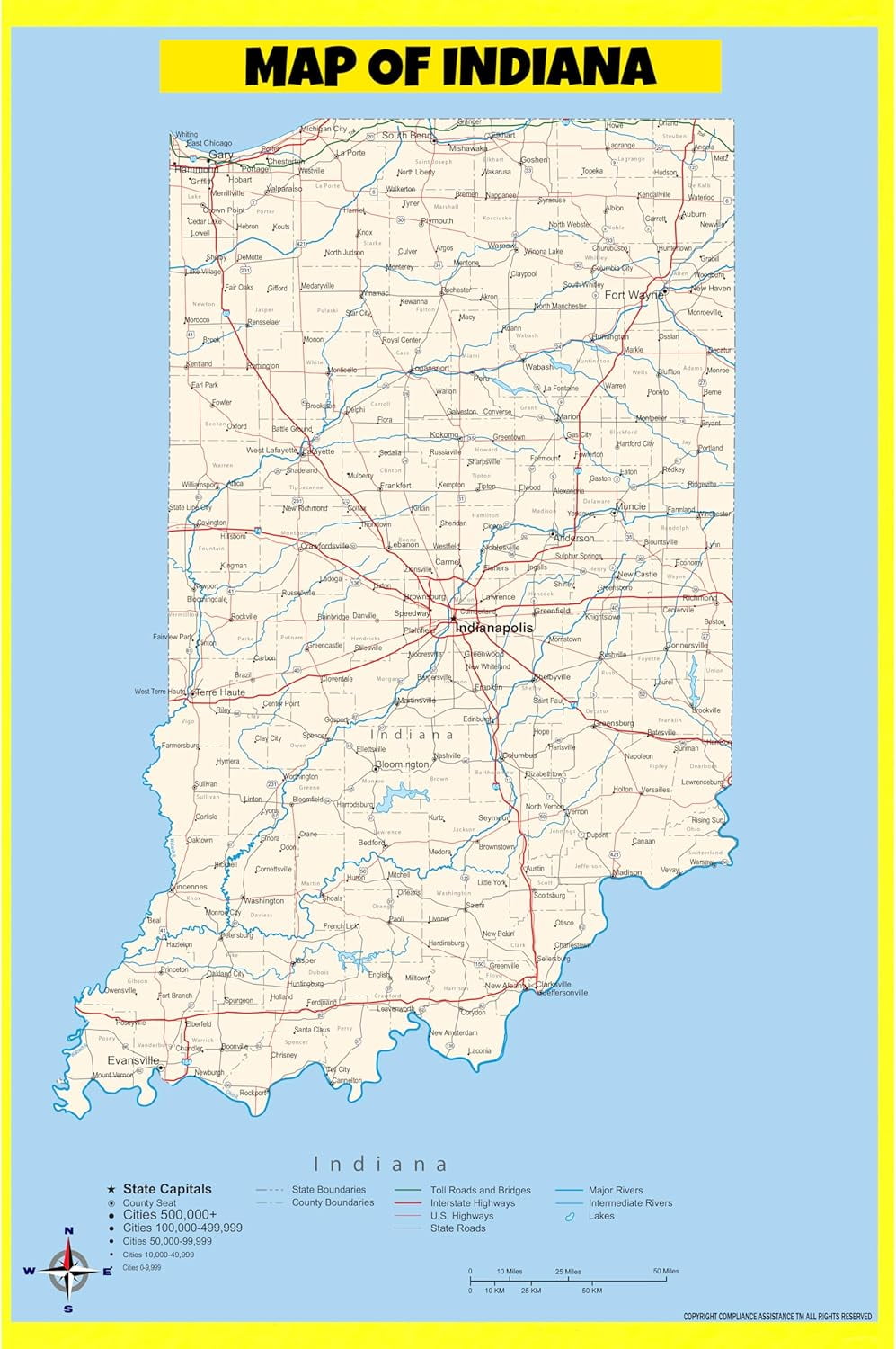 Indiana Map Poster - Laminated Wall Map - Style B - 36x60 - Ideal for Classrooms and Homes ...