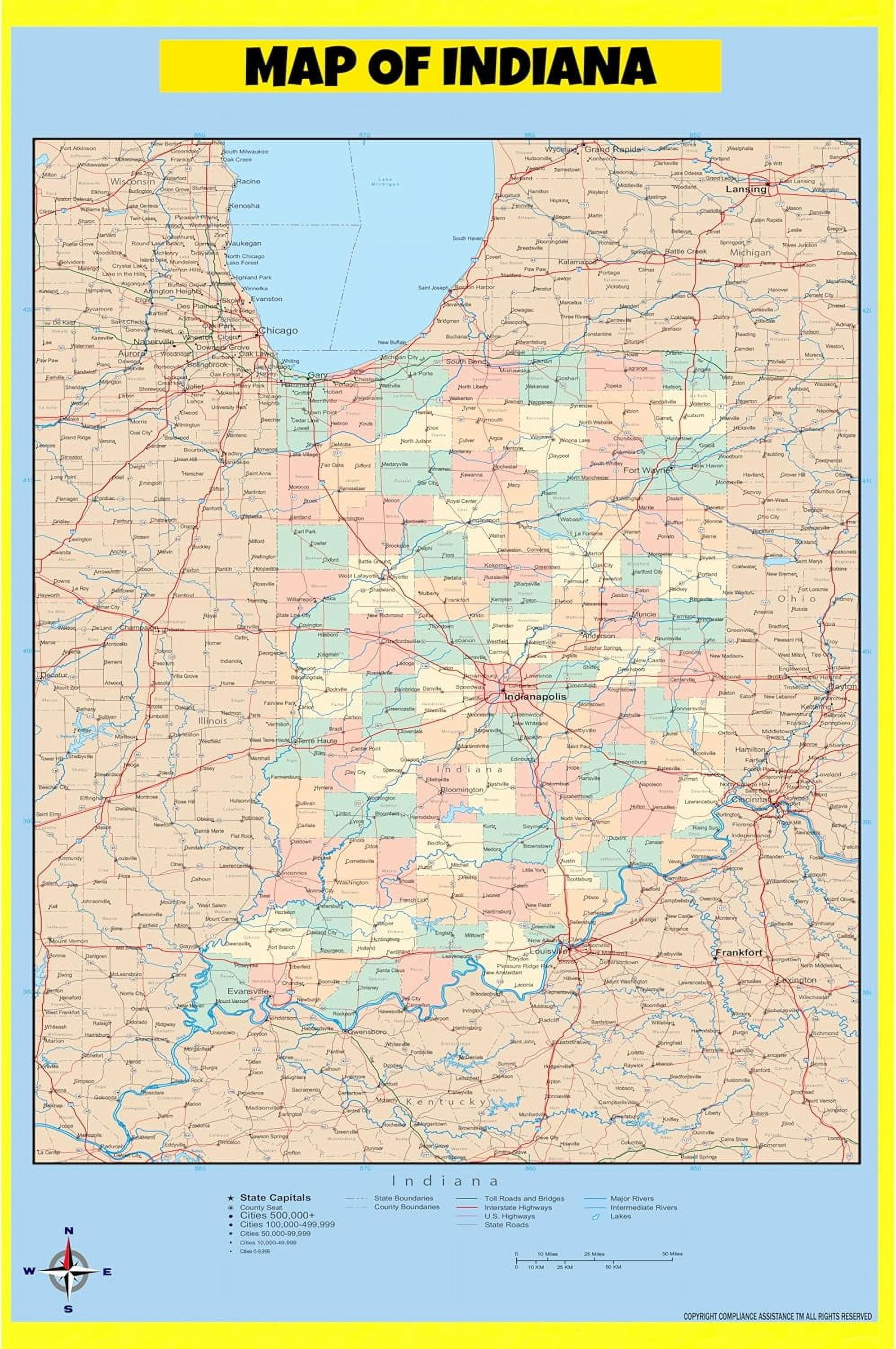 Indiana Map Poster - Laminated Wall Map - Style C - 24x36 - Ideal for Classrooms and Homes ...