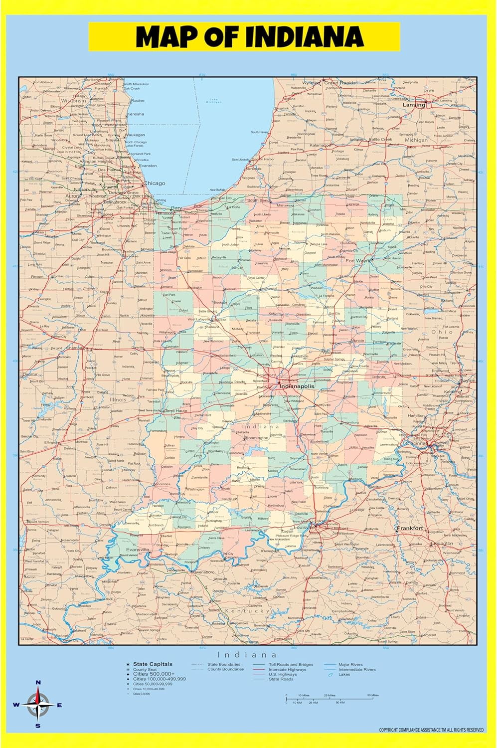 Indiana Map Poster - Laminated Wall Map - Style C - 36x60 - Ideal for ...