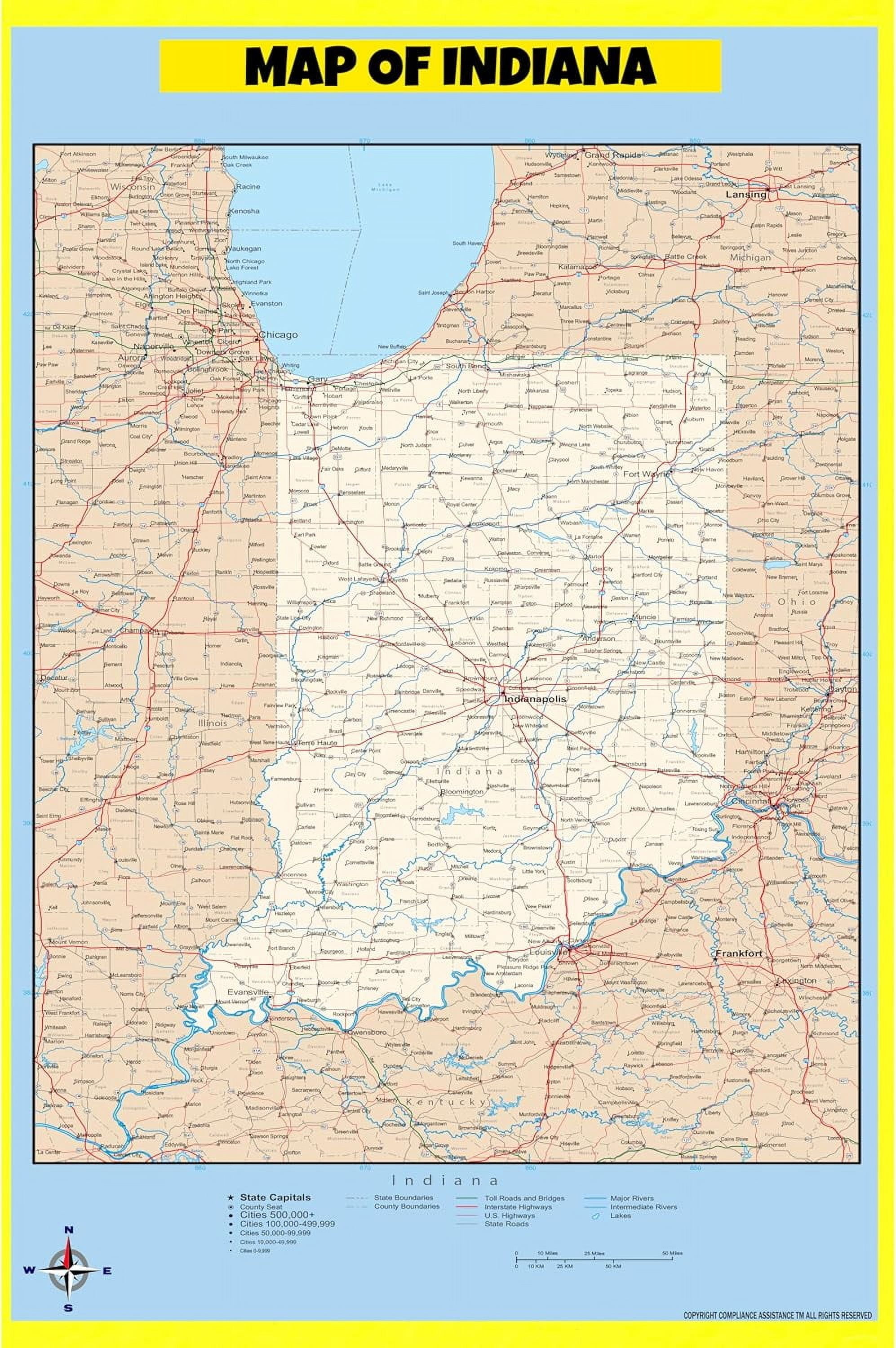 Indiana Map Poster - Laminated Wall Map - Style D - 24x36 - Ideal for Classrooms and Homes ...