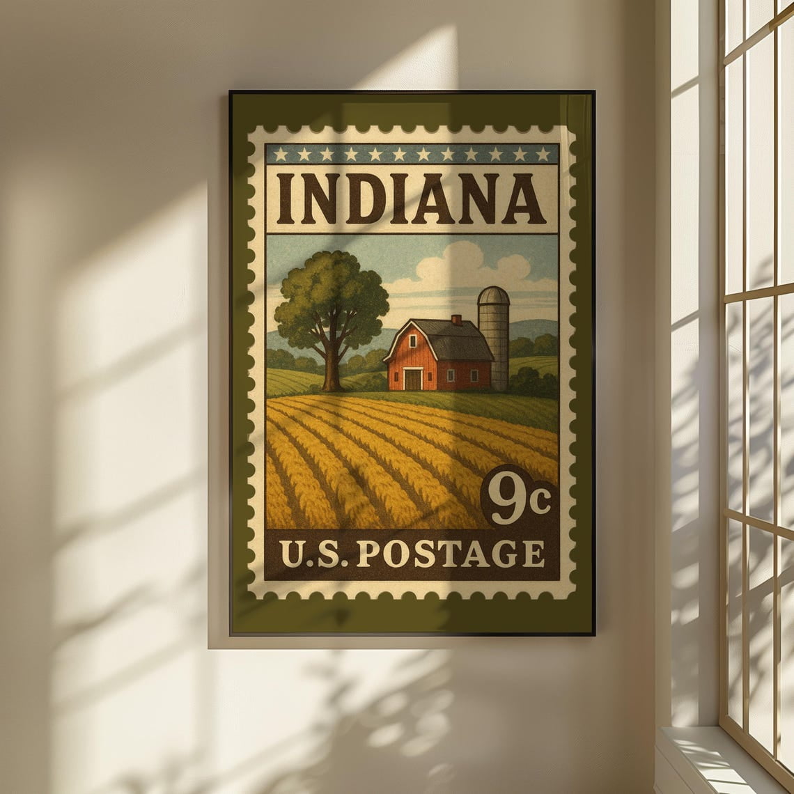 Indiana Postage Stamp Print, Vintage Style Farm Art, Rural Americana ...