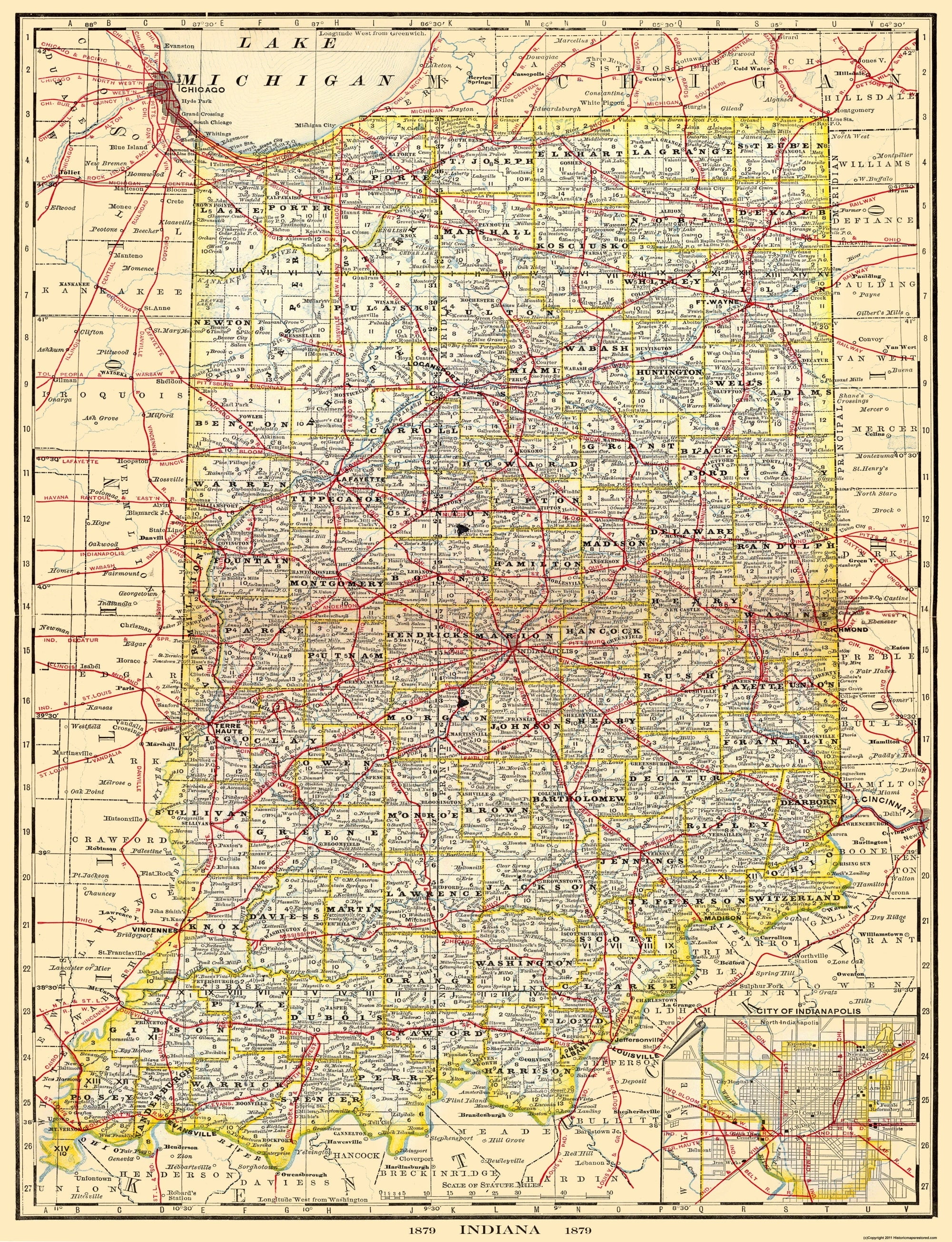 Railroad Map - Indiana Railroads - 1879 - 23 x 30 - Vintage Wall Art ...