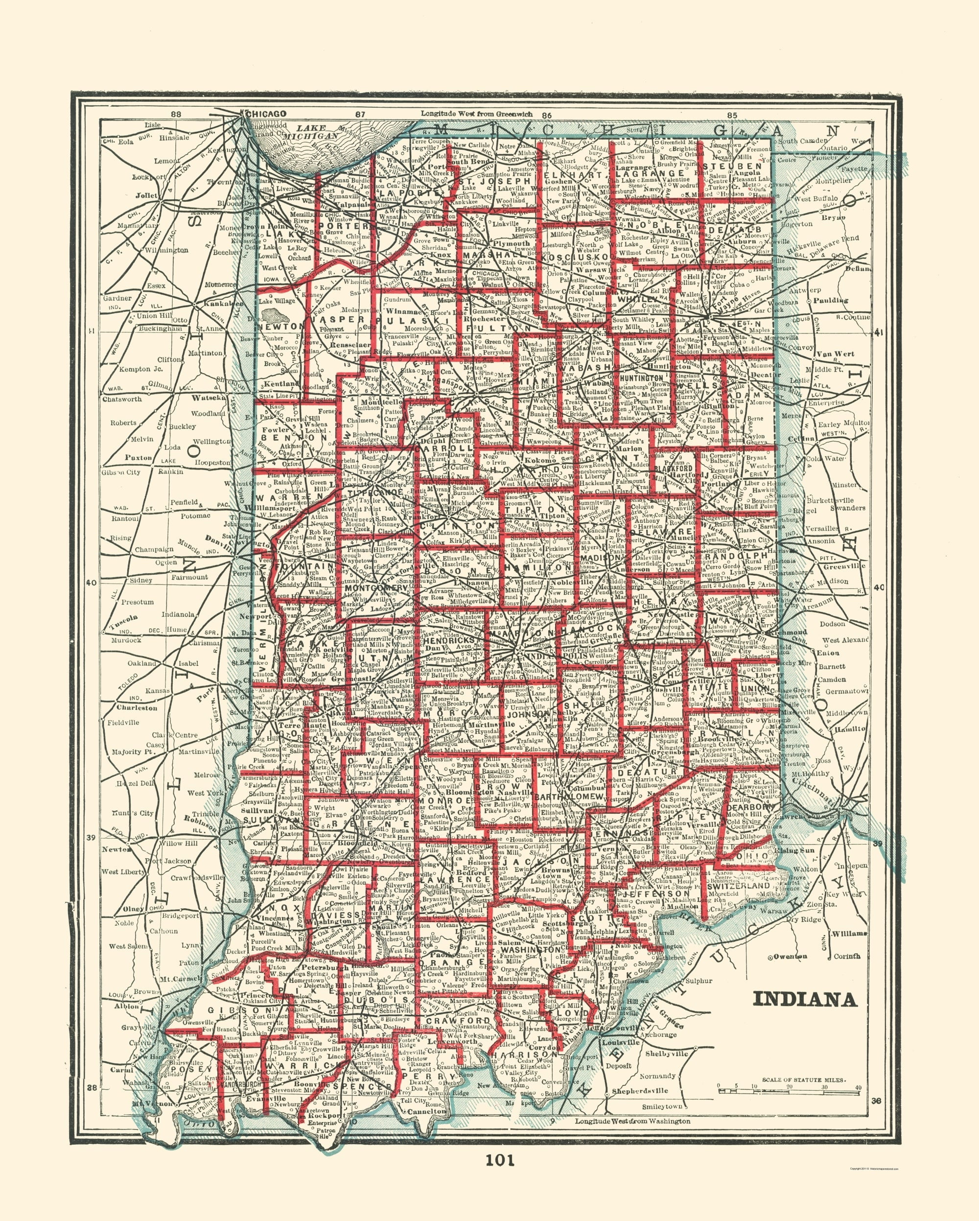 Historic State Map - Indiana - Rathbun 1893 - 23 x 28.68 - Vintage Wall ...