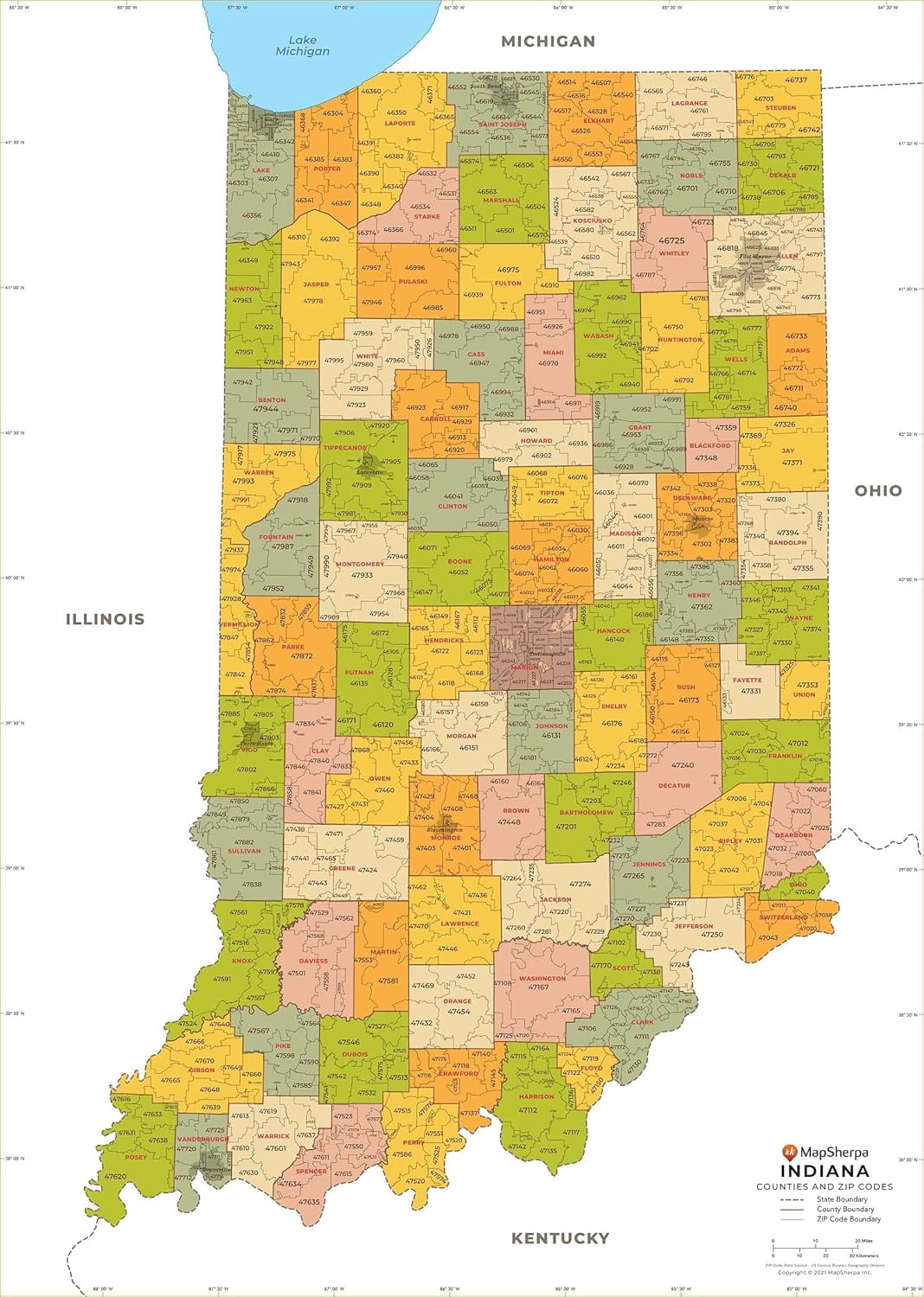 Indiana ZIP Code Map with Counties - Standard - 36" x 50.75" Laminated ...