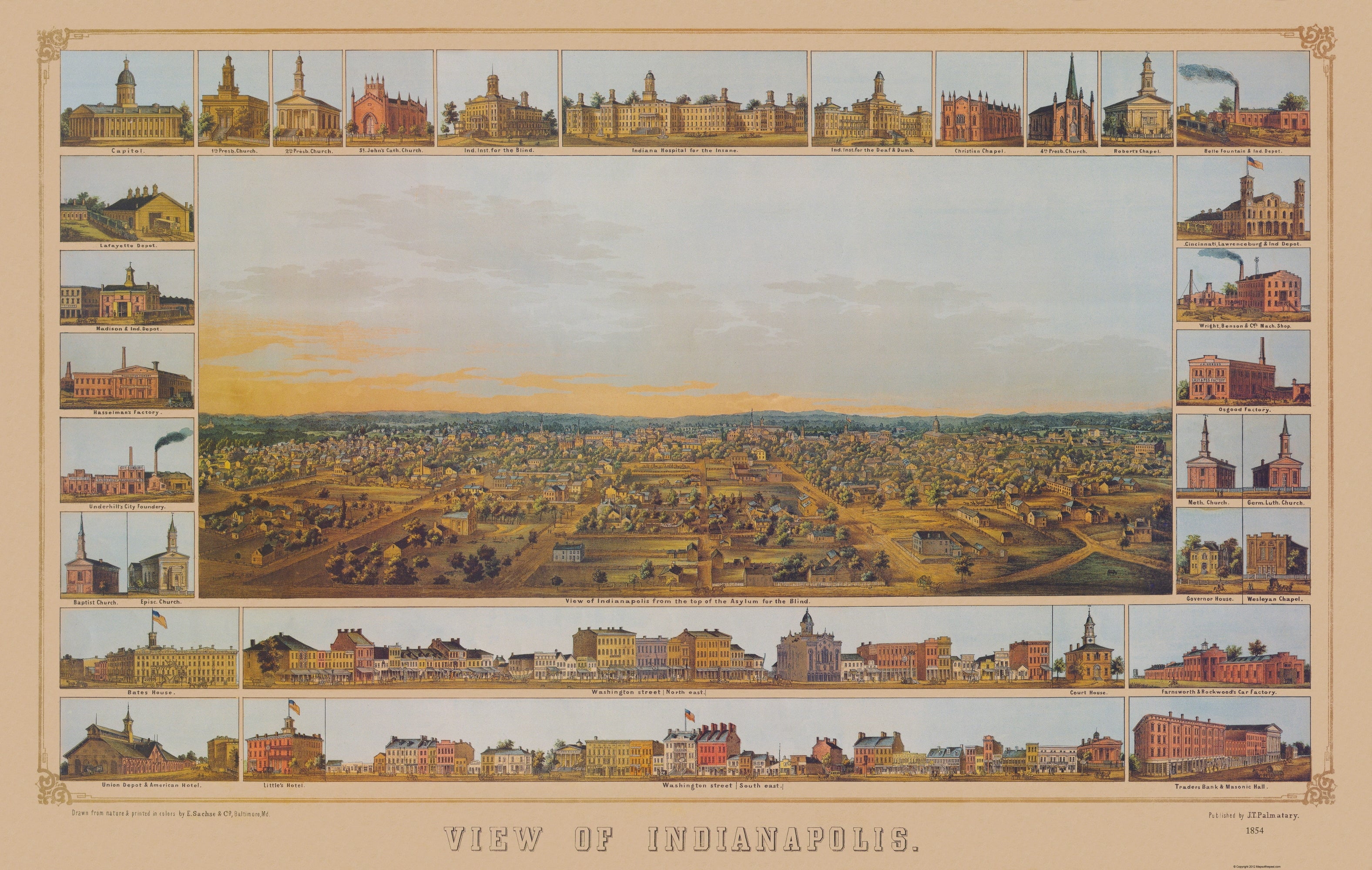 Historic Panoramic View - Indianapolis Indiana - Palmatary 1854 - 36.25 ...