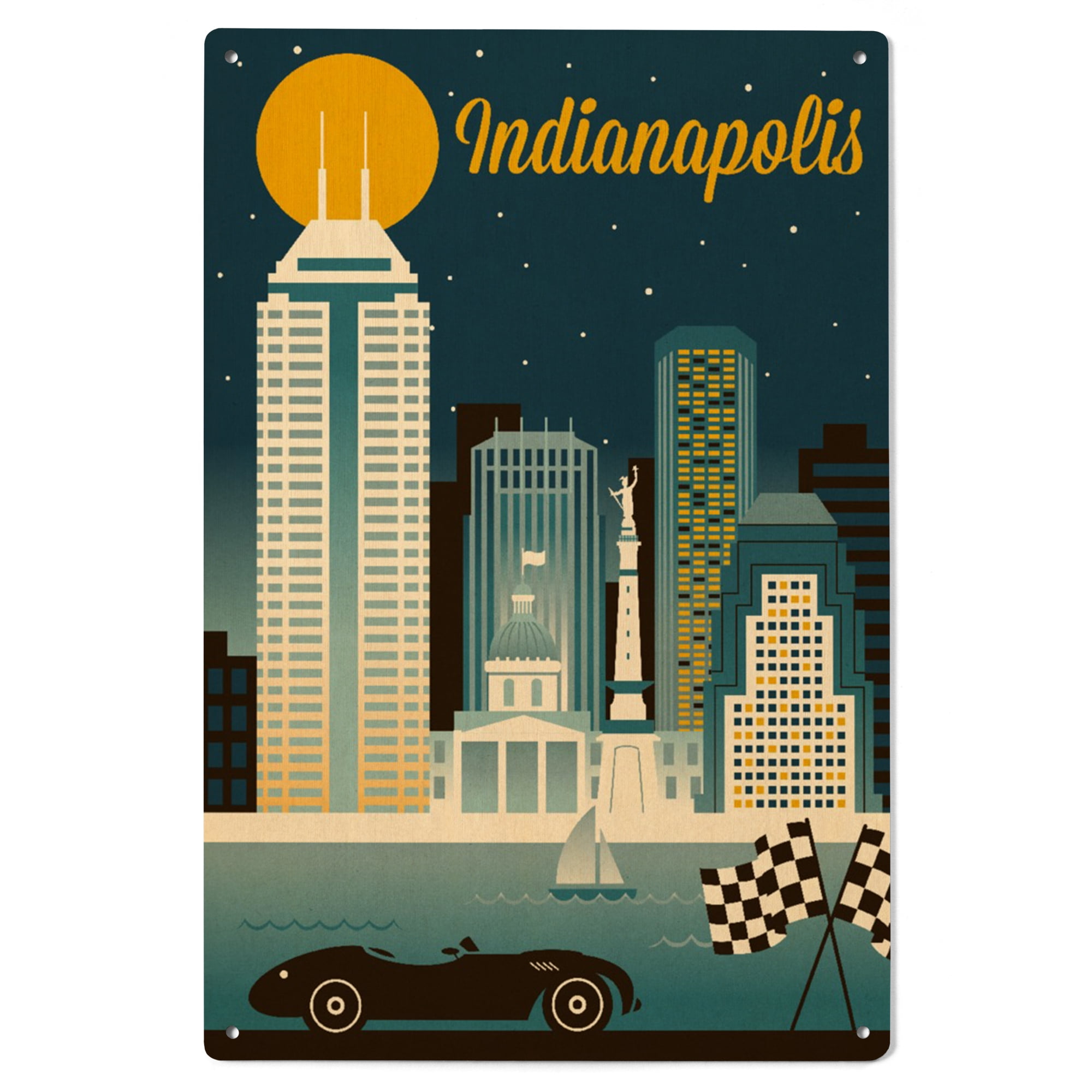 Indianapolis, Indiana, Retro Skyline Series Birch Wood Wall Sign (6x9 ...
