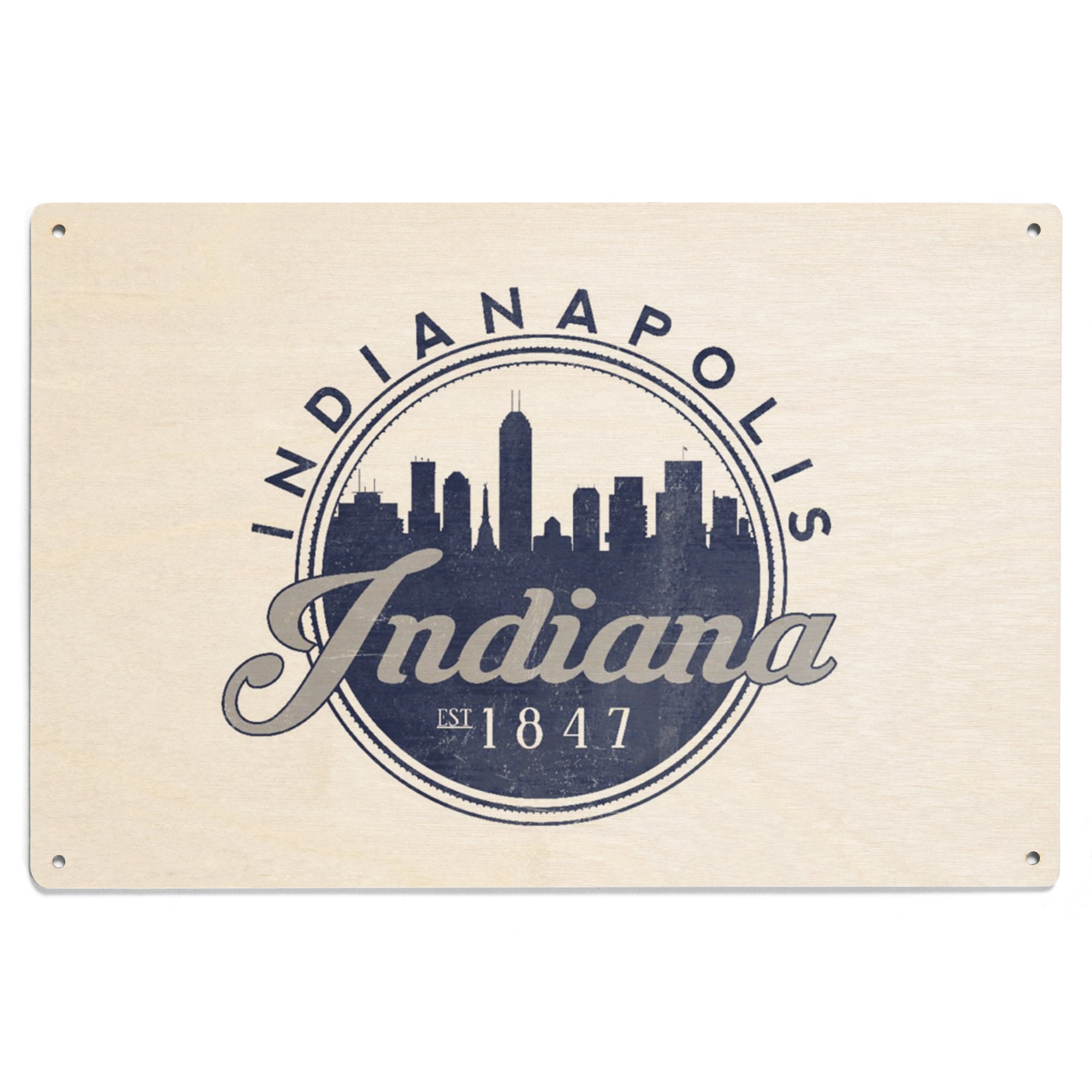 Indianapolis, Indiana, Skyline Seal (Blue) Birch Wood Wall Sign (6x9 ...