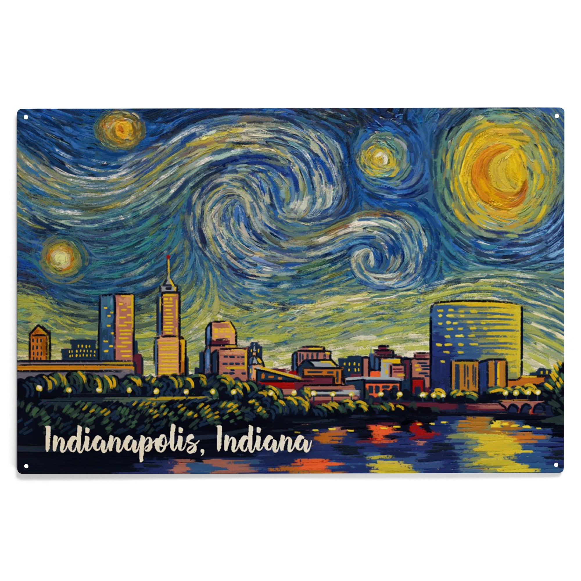 Indianapolis, Indiana, Skyline, Starry Night Birch Wood Wall Sign ...