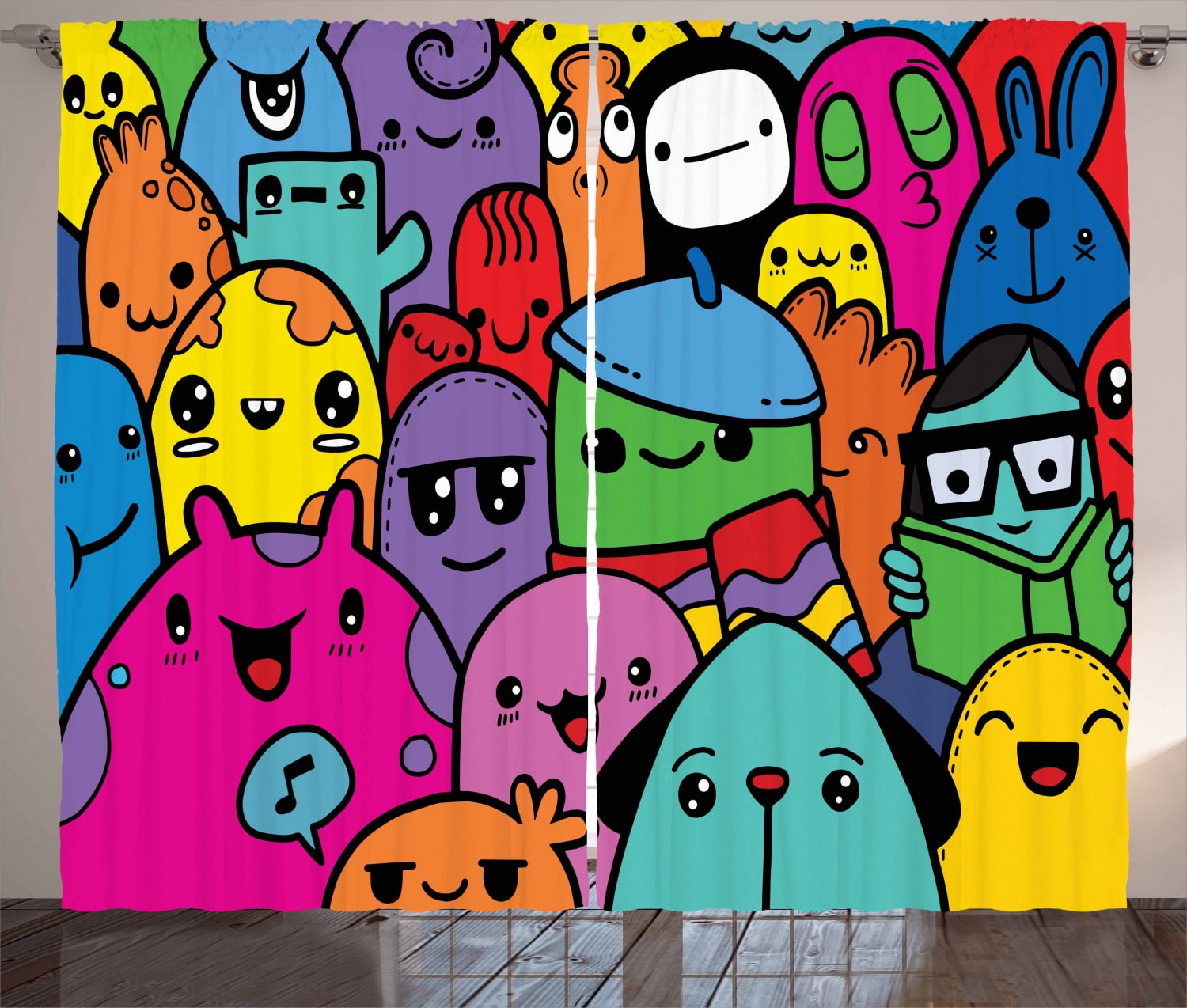 Ambesonne Indie Curtains 2 Panel Set, Colorful Doodle Monsters, 108" x ...