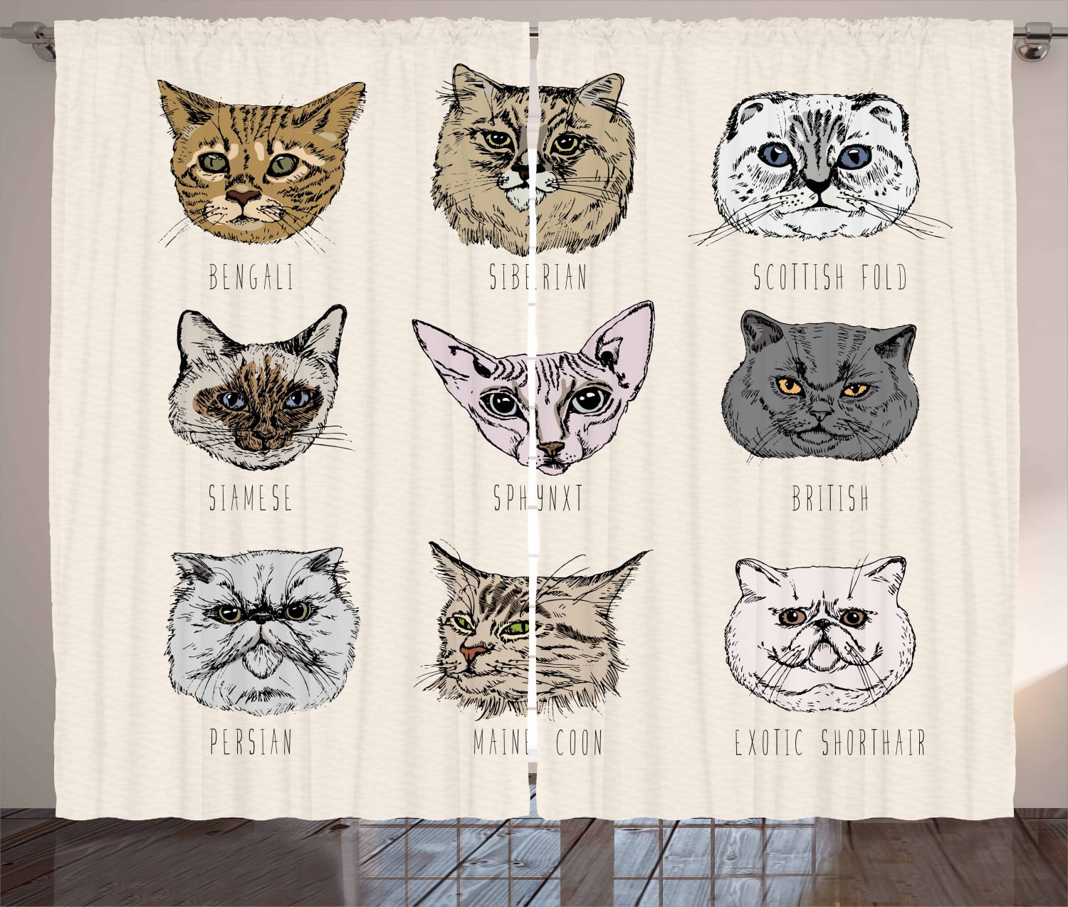 Ambesonne Indie Curtains 2 Panel Set, Pet Cat Portraits, 108" x 108 ...
