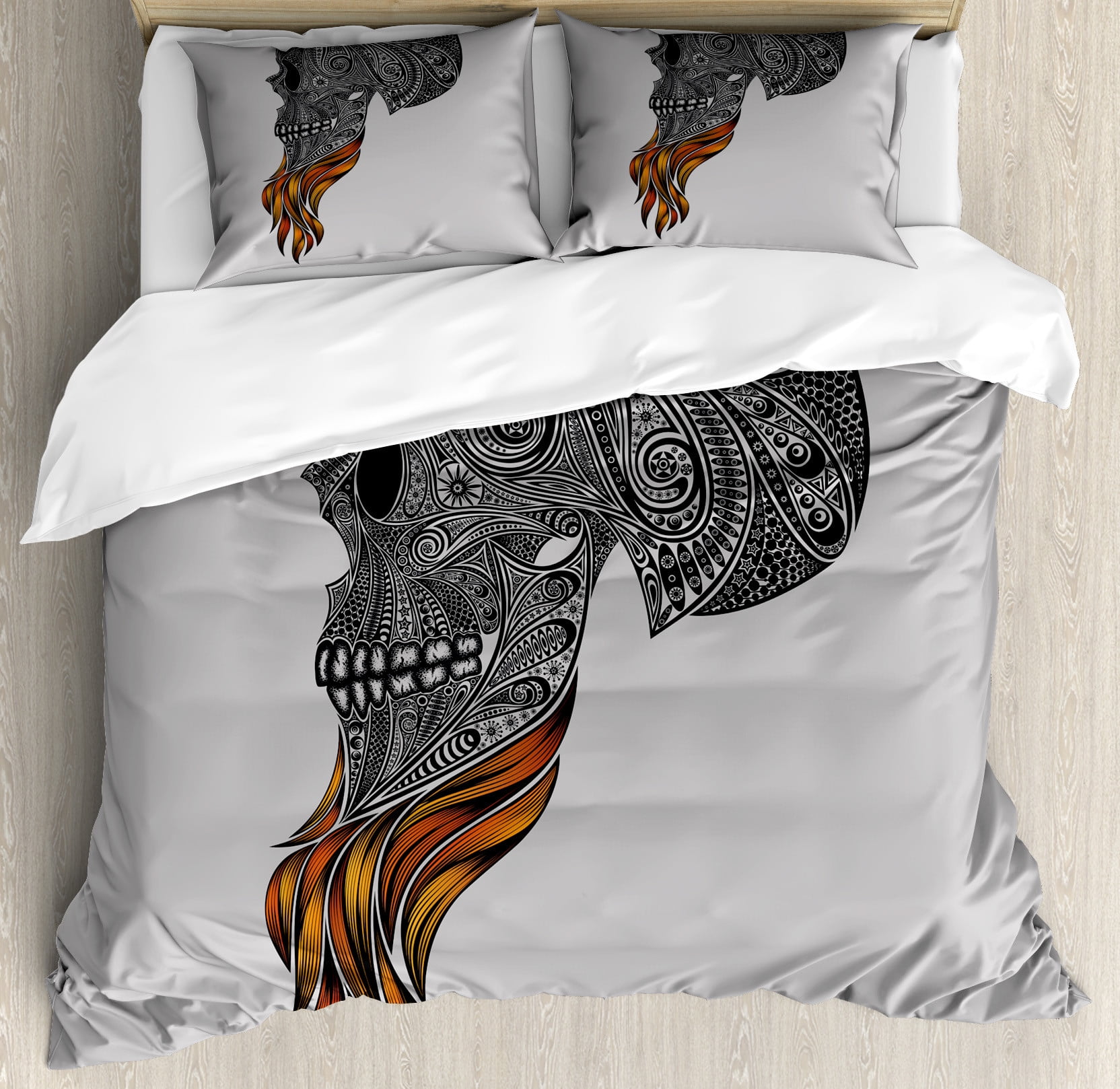 Indie Duvet Cover Set, Abstract Skull with Floral Ornaments and Red ...