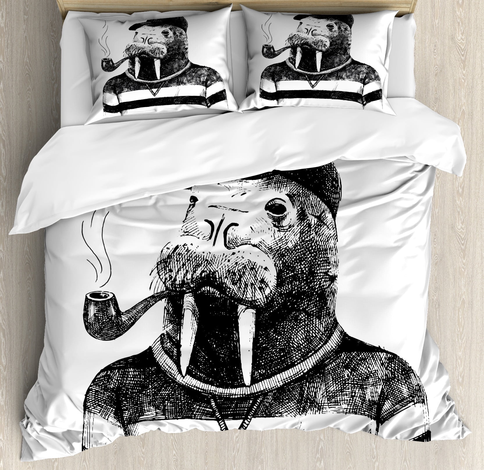Indie Duvet Cover Set, Hand Drawn Dressed up Walrus Animal Long Teeth ...