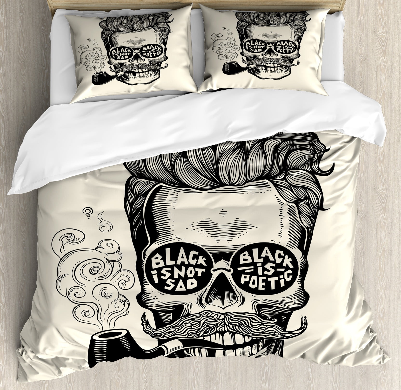 Indie Duvet Cover Set, Hipster Gentleman Skull with Mustache and ...