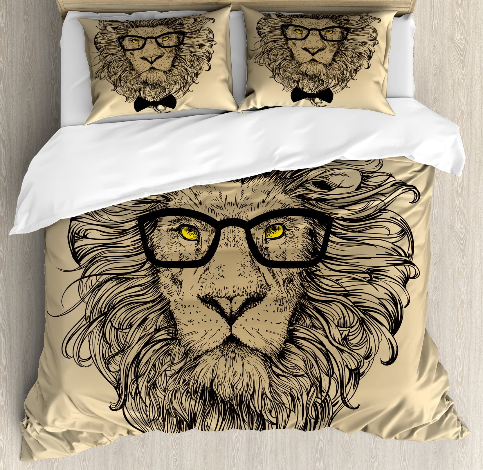 Indie Duvet Cover Set, Lion Character Portrait with Glasses and Bowtie ...