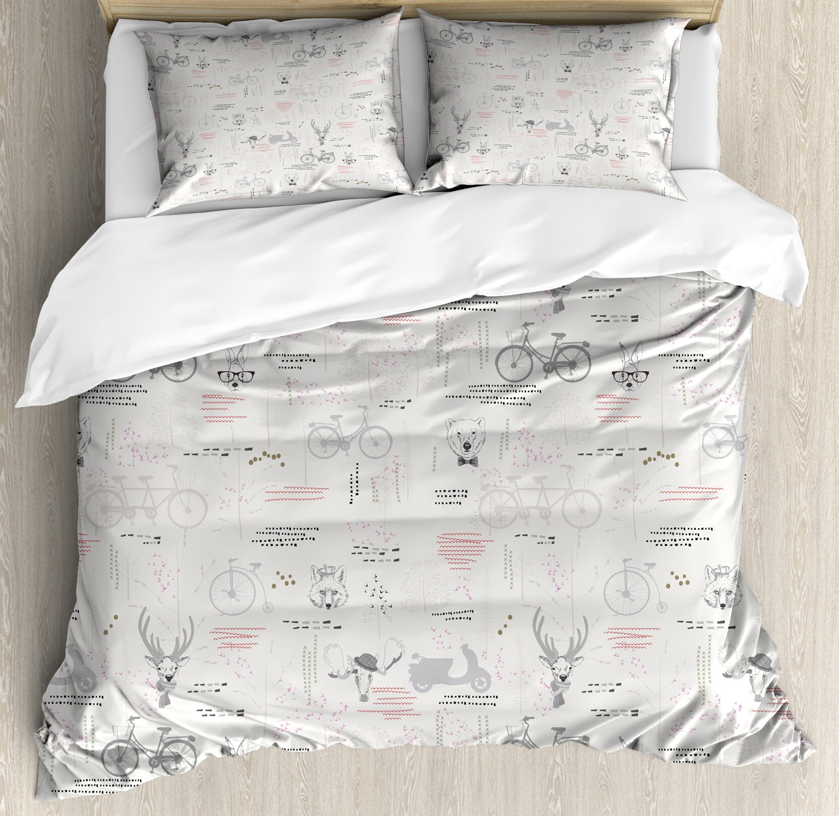 Indie Duvet Cover Set, Minimalist Pattern with Trees Foliage Deer ...