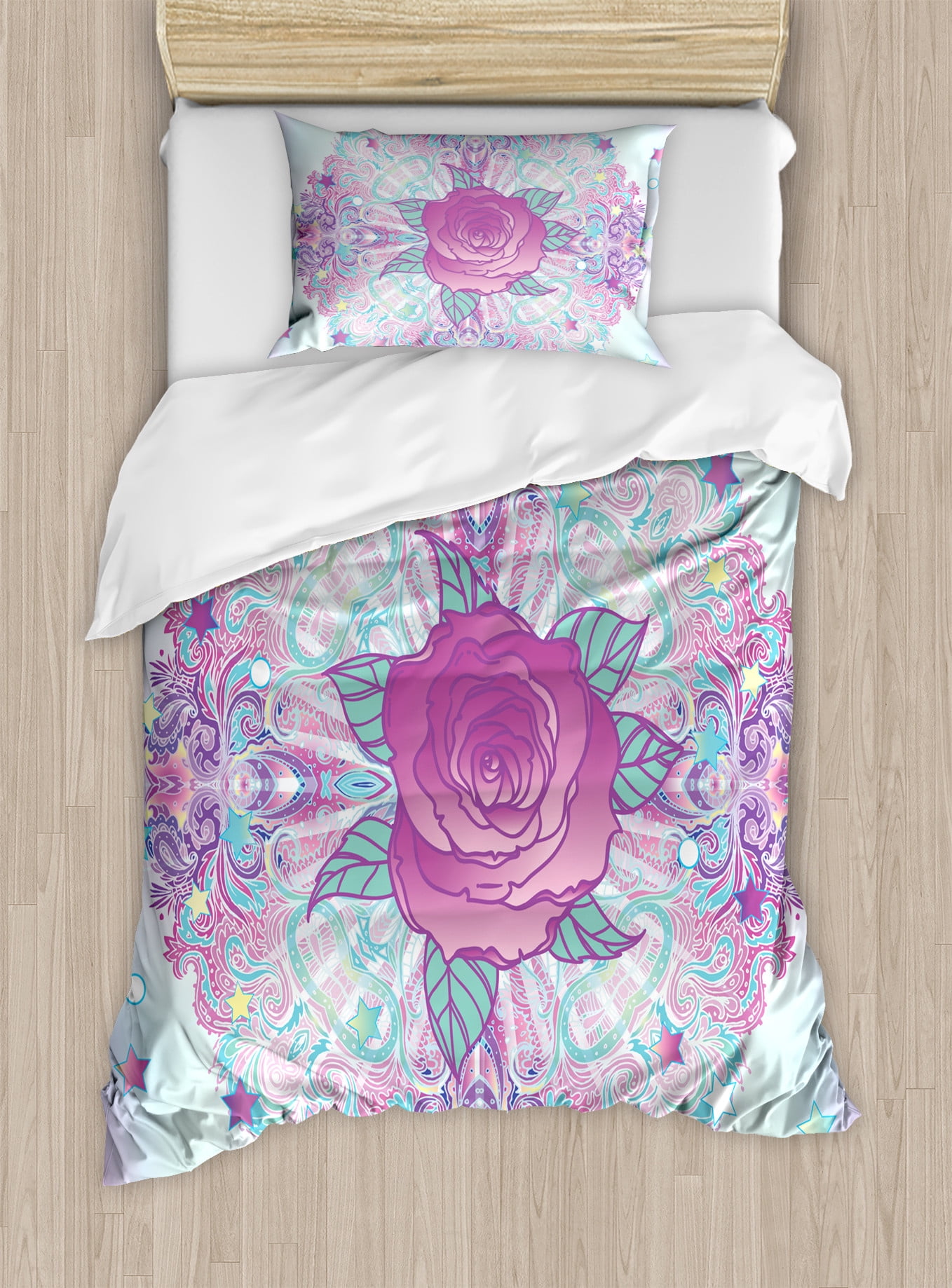 Indie Duvet Cover Set, Psychedelic Mandala Inspired Round Rose 80s 90s ...