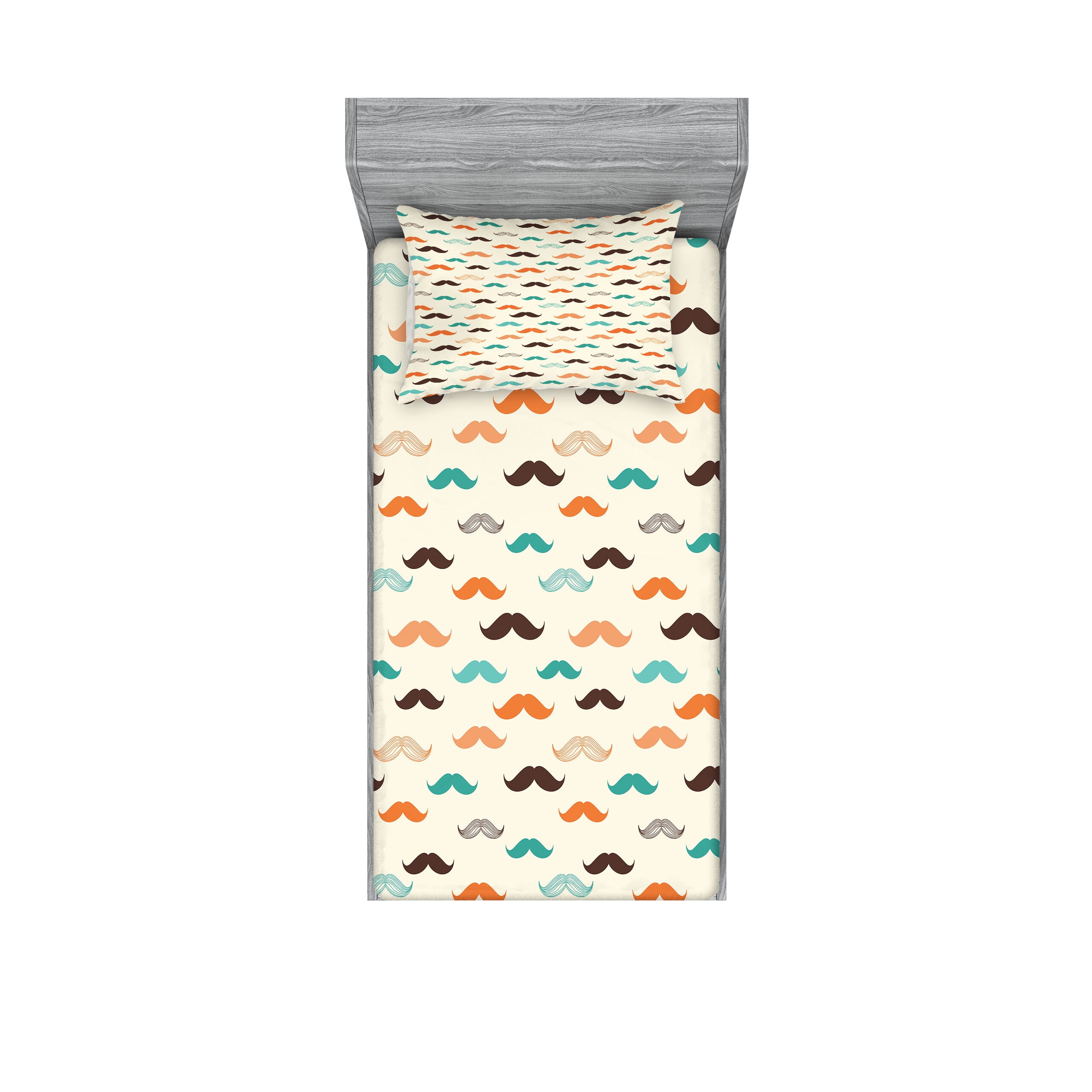 Indie Fitted Sheet & Pillow Sham Set, Retro Mustache Pattern in ...