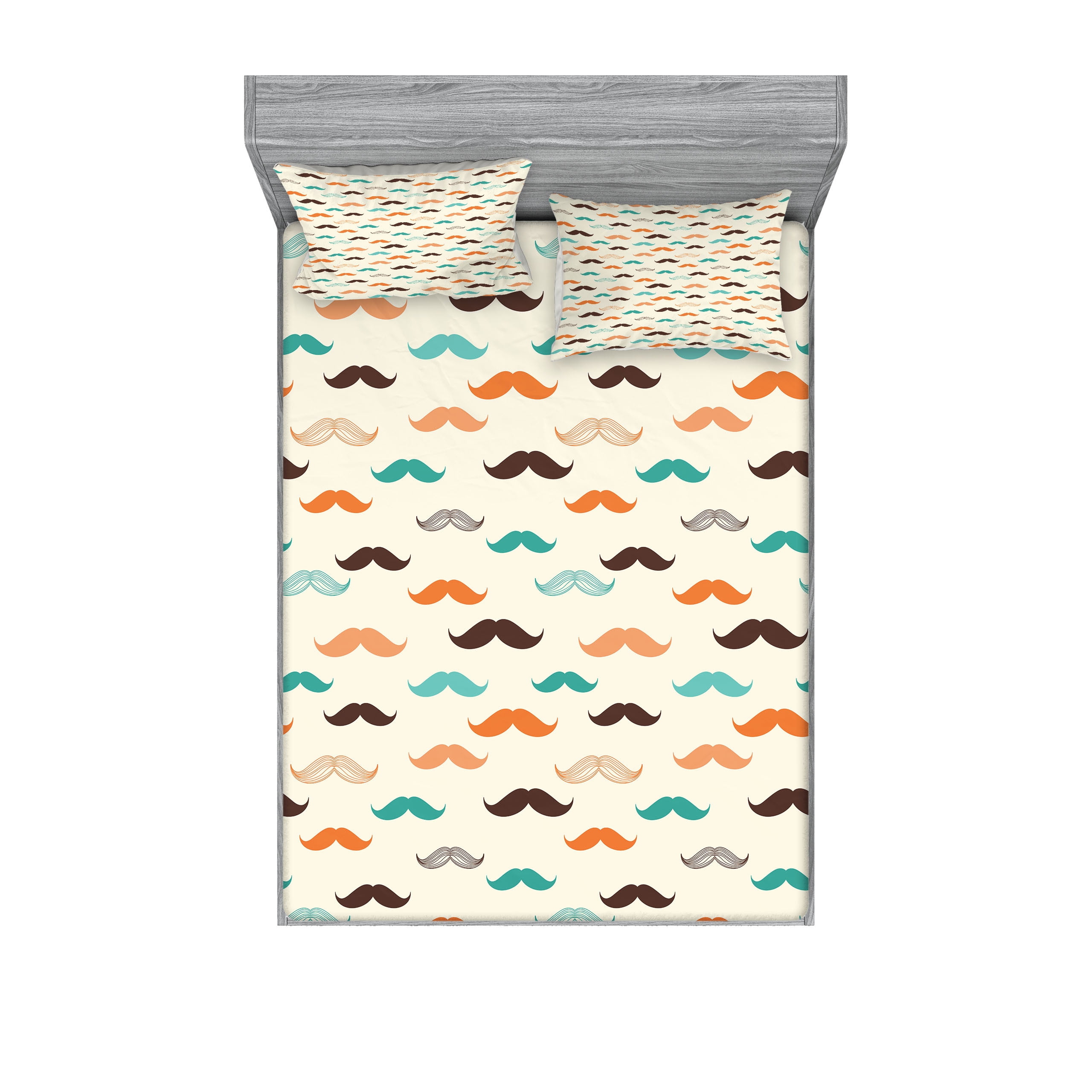 Indie Fitted Sheet & Pillow Sham Set, Retro Mustache Pattern in ...