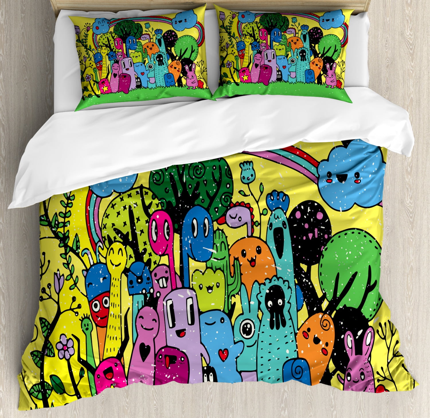 Indie Queen Size Duvet Cover Set, Colorful Funny Hand Drawn Crazy ...
