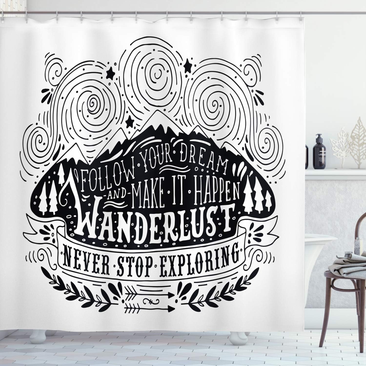 Indie Shower Curtain, Dream Big Work Hard Typography Design with Galaxy ...