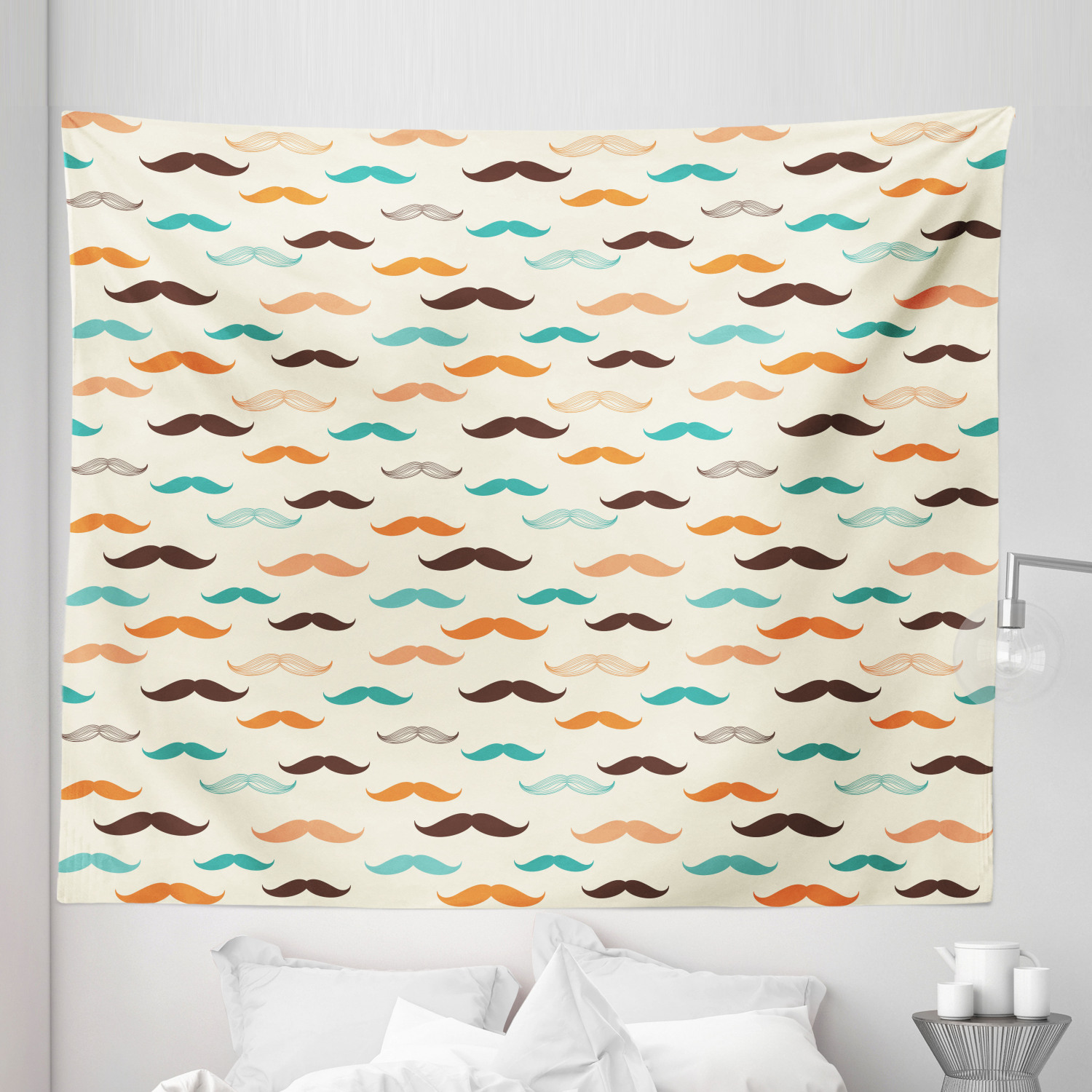 Indie Tapestry, Retro Mustache Pattern in Colorful Design Curly Shapes ...
