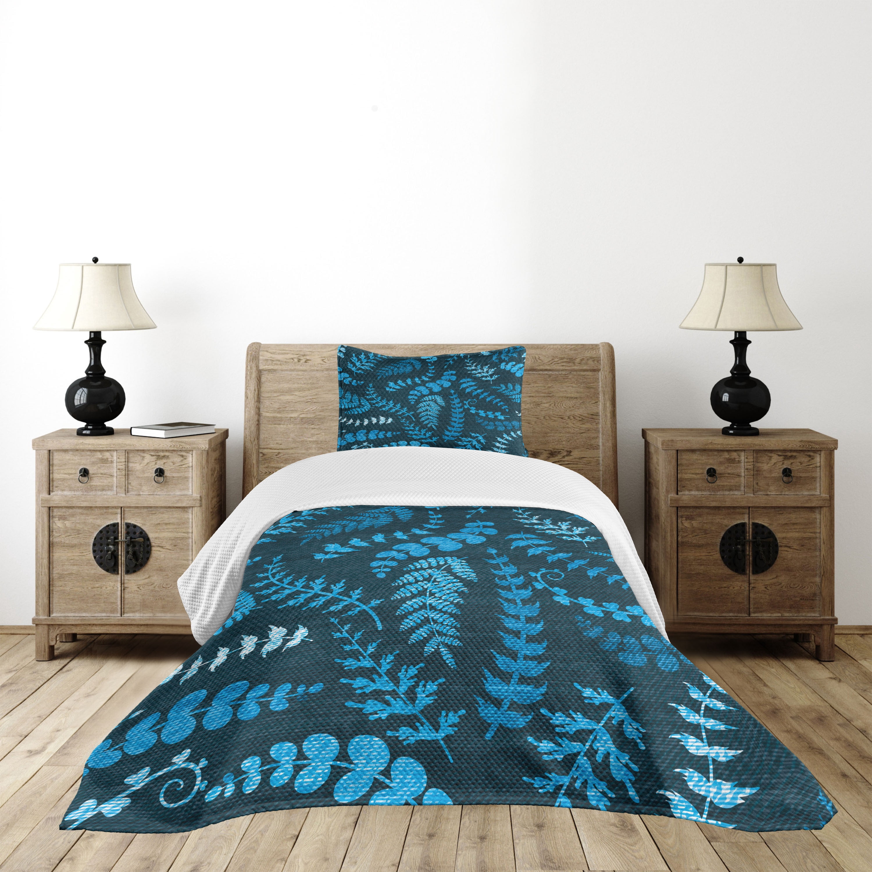 Indigo Bedspread Set Twin Size, Dark Green Backdrop Floral Swirl Leaves ...