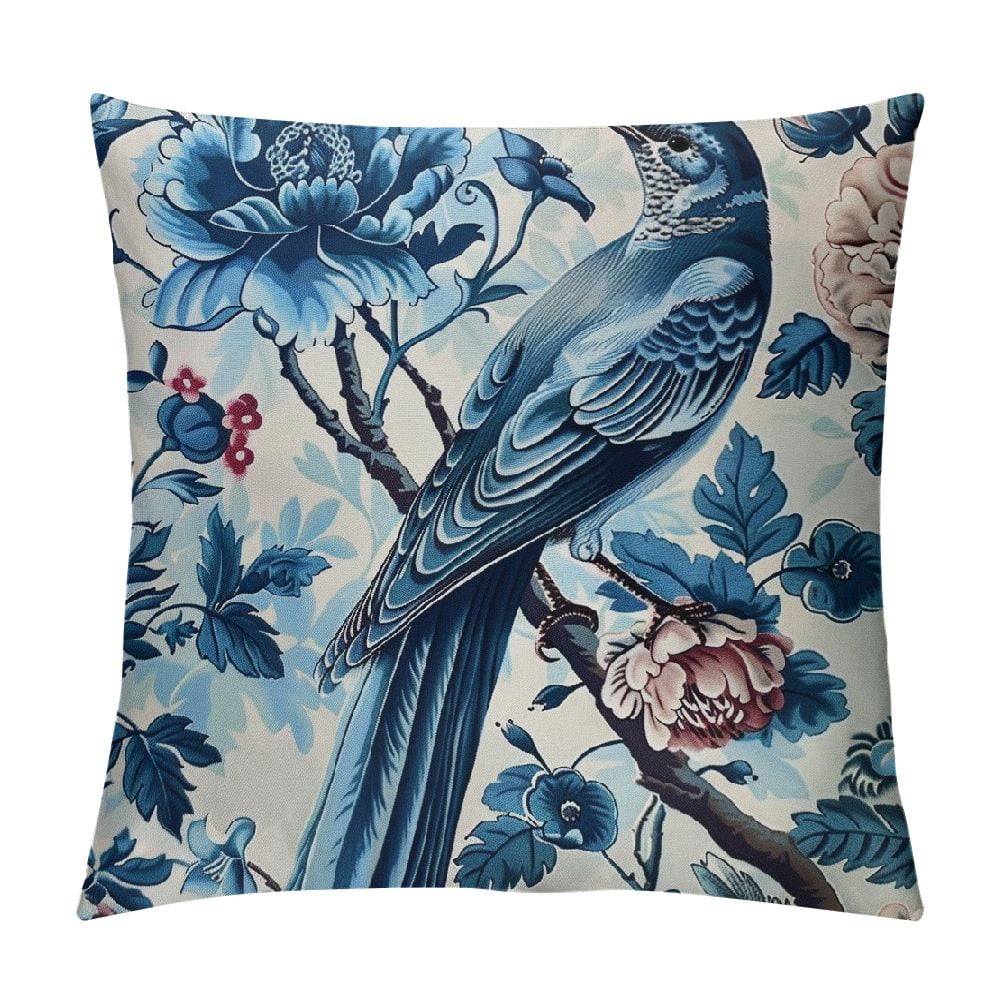 Indigo Blue Chinoiserie Pillow Covers Bird Floral Cushion Cover Pillow ...