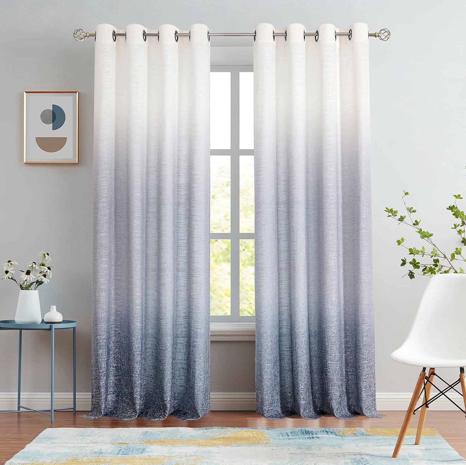 Indigo Blue Ombre Curtains 84 Inches Long Semi Sheer Gradient Curtain 2 ...