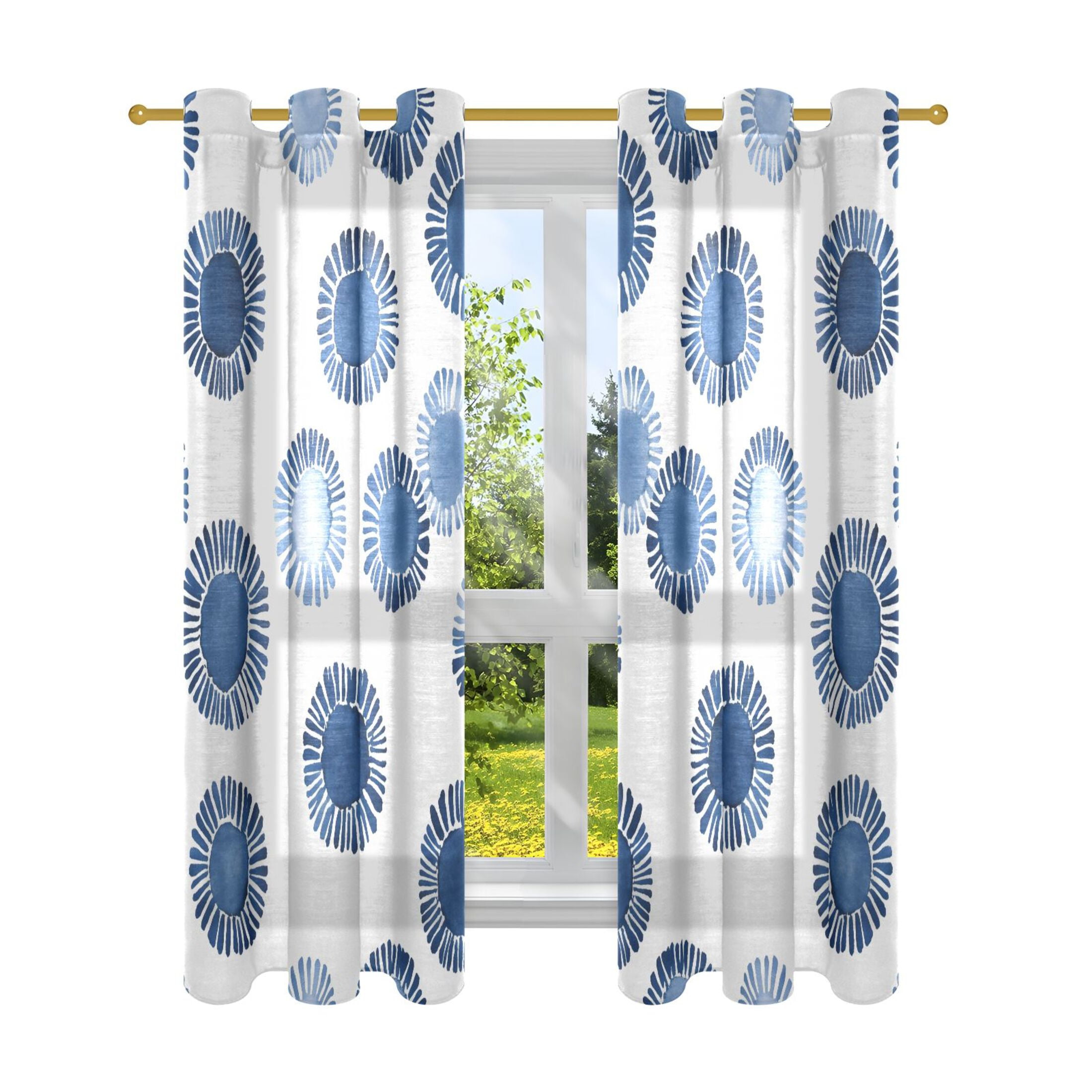 Indigo Blue Print on White Semi Sheer Curtains for Living Room Bedroom ...