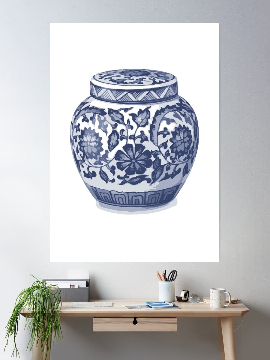 Indigo Blue White Hamptons Ginger Jar Chinoiserie Vase Art Poster Wall ...