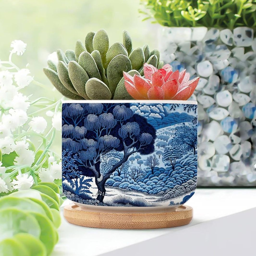 Indigo Blue and White Indigo Scenery Small Plant Pots Set of 5 Asian ...