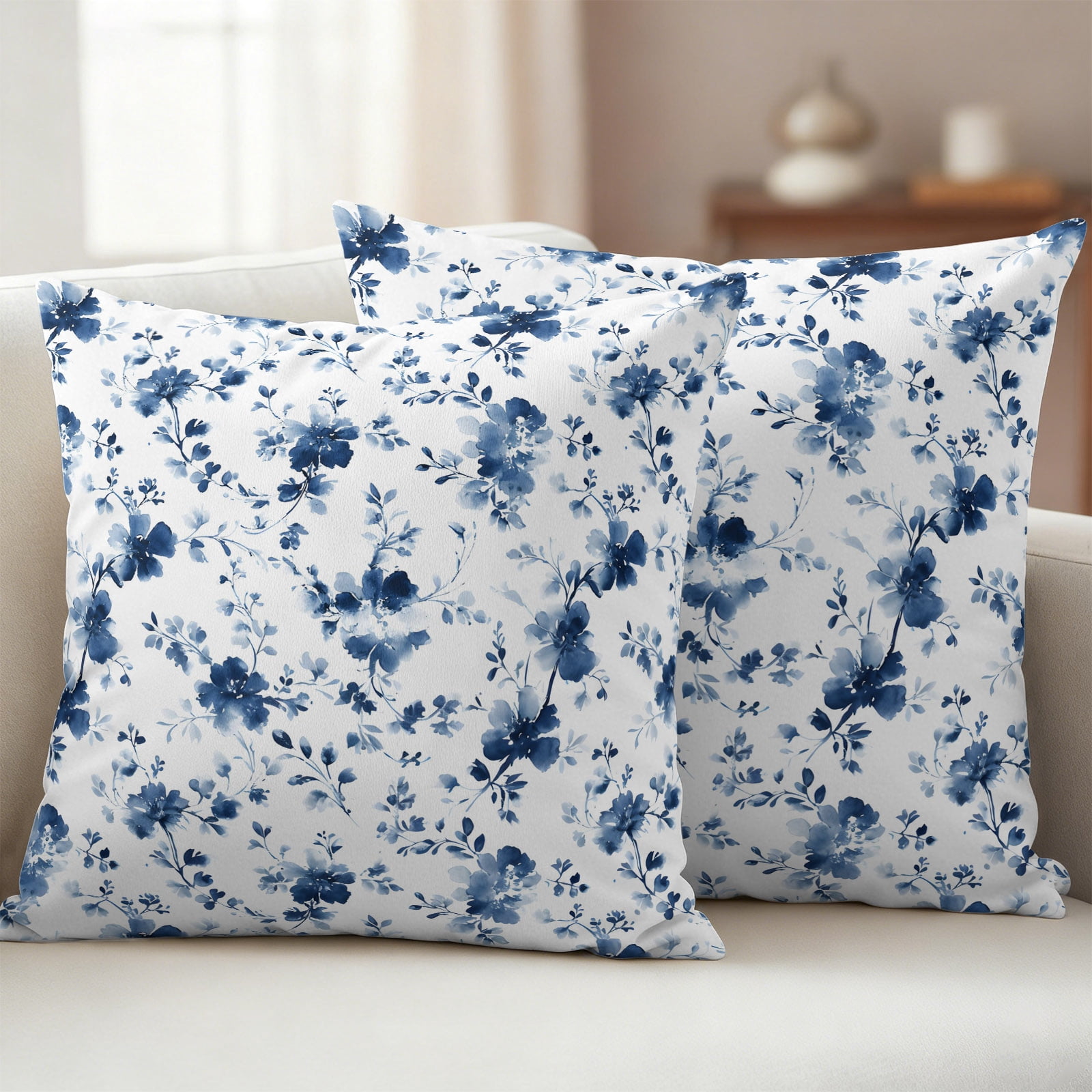 Indigo Blue Wildflower Outdoor Waterproof Throw Pillow Covers 24x24 Set ...
