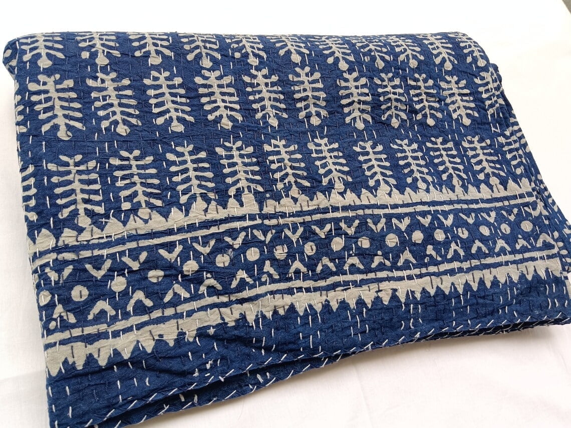 Indigo Blue white Kantha Quilt Blue Indigo thorw Indian HandBlock Print ...