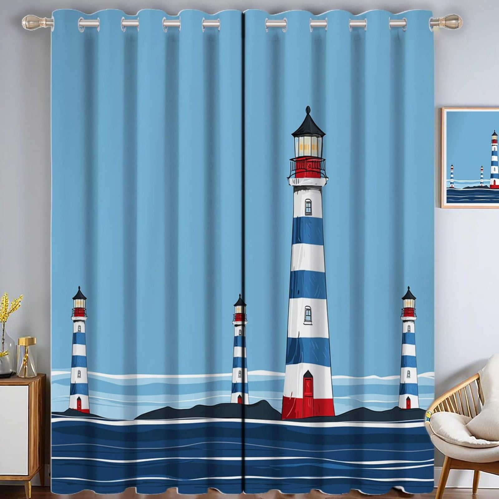 Indigo Cartoon Style Blackout Curtains For Bedroom 2 Panels Stripes ...