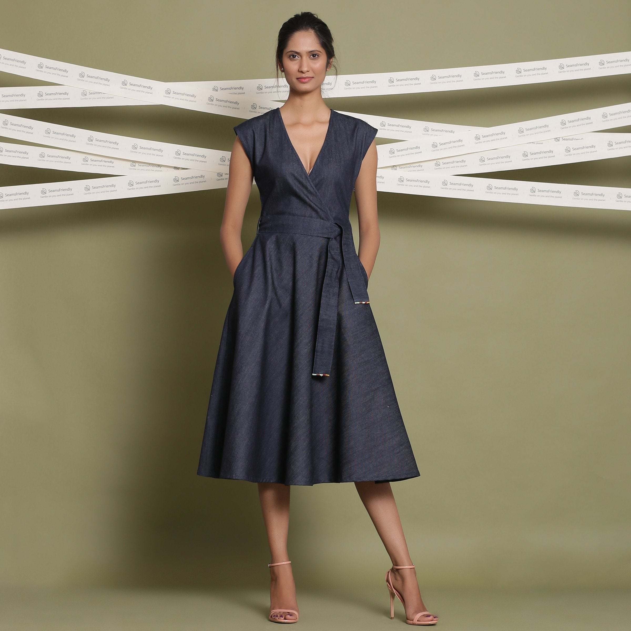 Indigo Cotton Denim V-Neck Fit and Flare Midi Dress - Walmart.com