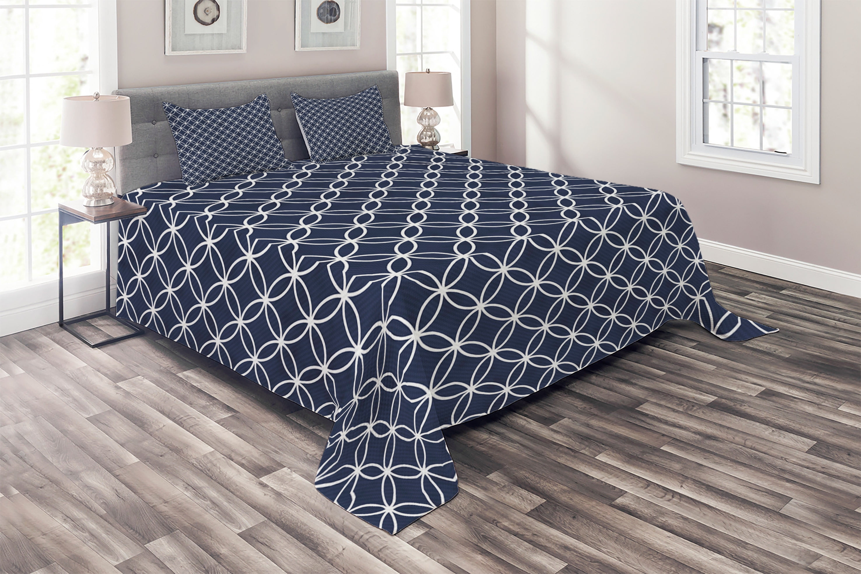 Indigo Coverlet, Trellis Inspired Pattern Quatrefoil Circles Moroccan ...