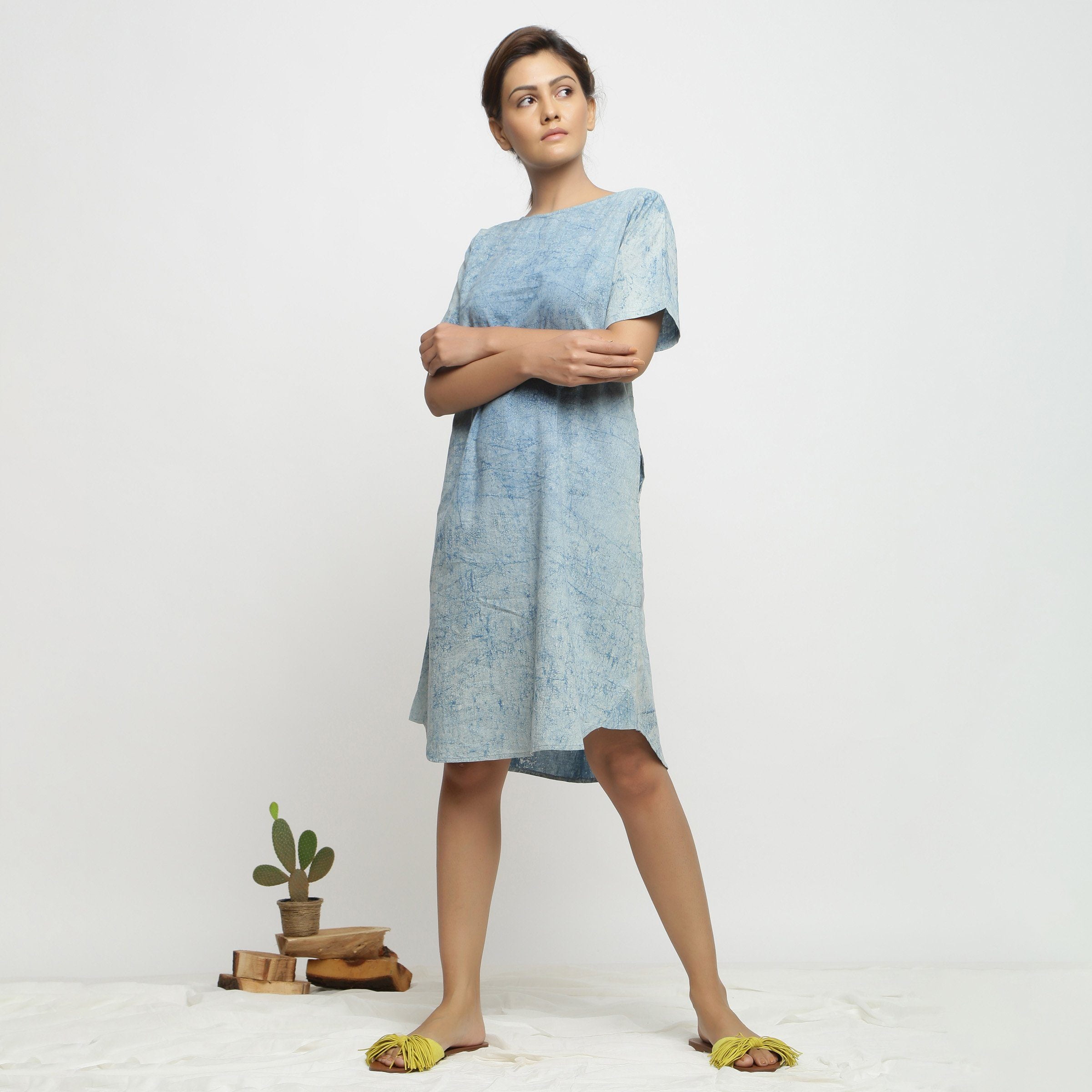 Indigo Dabu Hand-Lep Cotton Knee Length Dress - Walmart.com