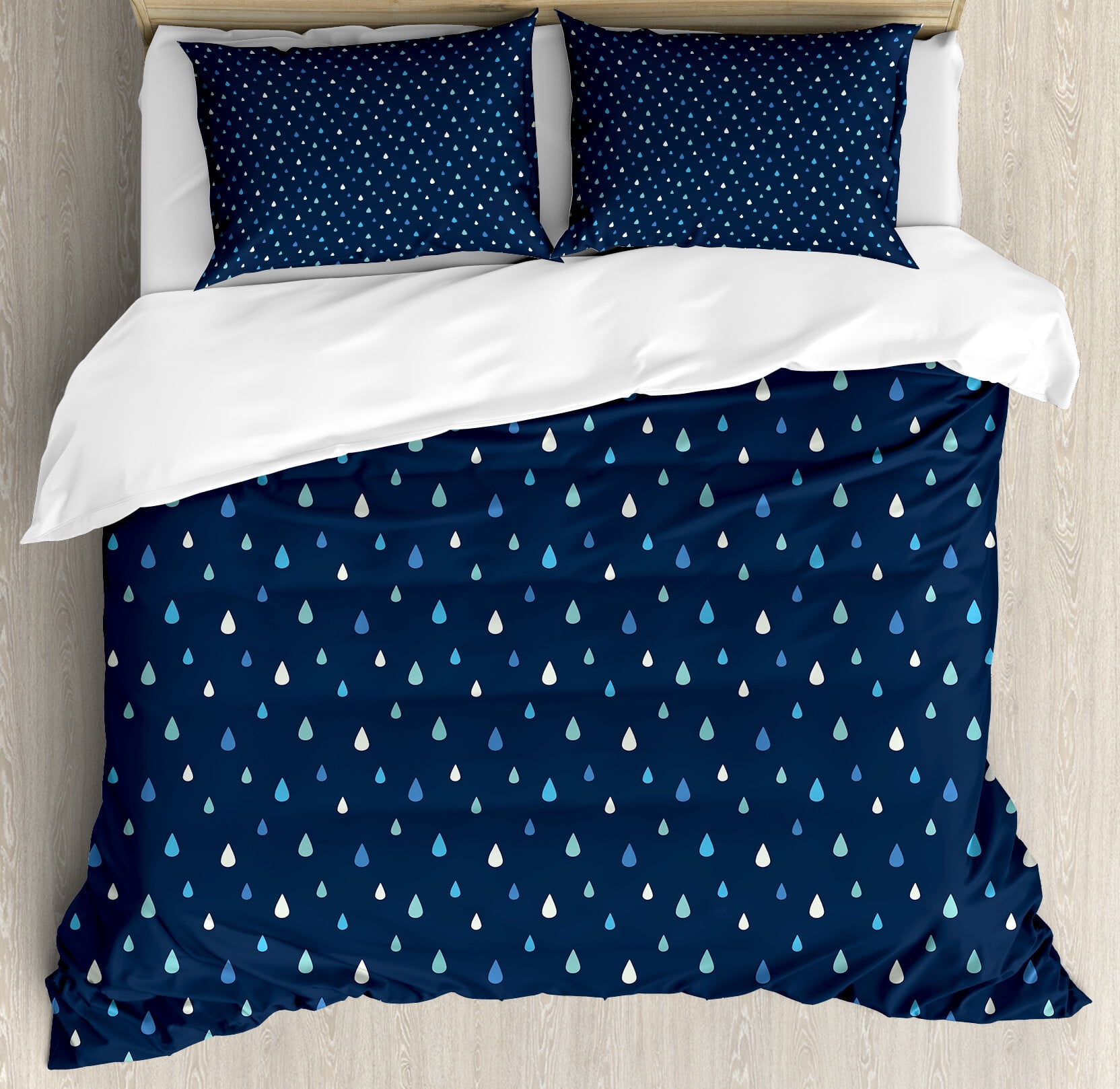 Indigo Duvet Cover Set, Cartoon Like Water Rain Drops on Dark Blue ...