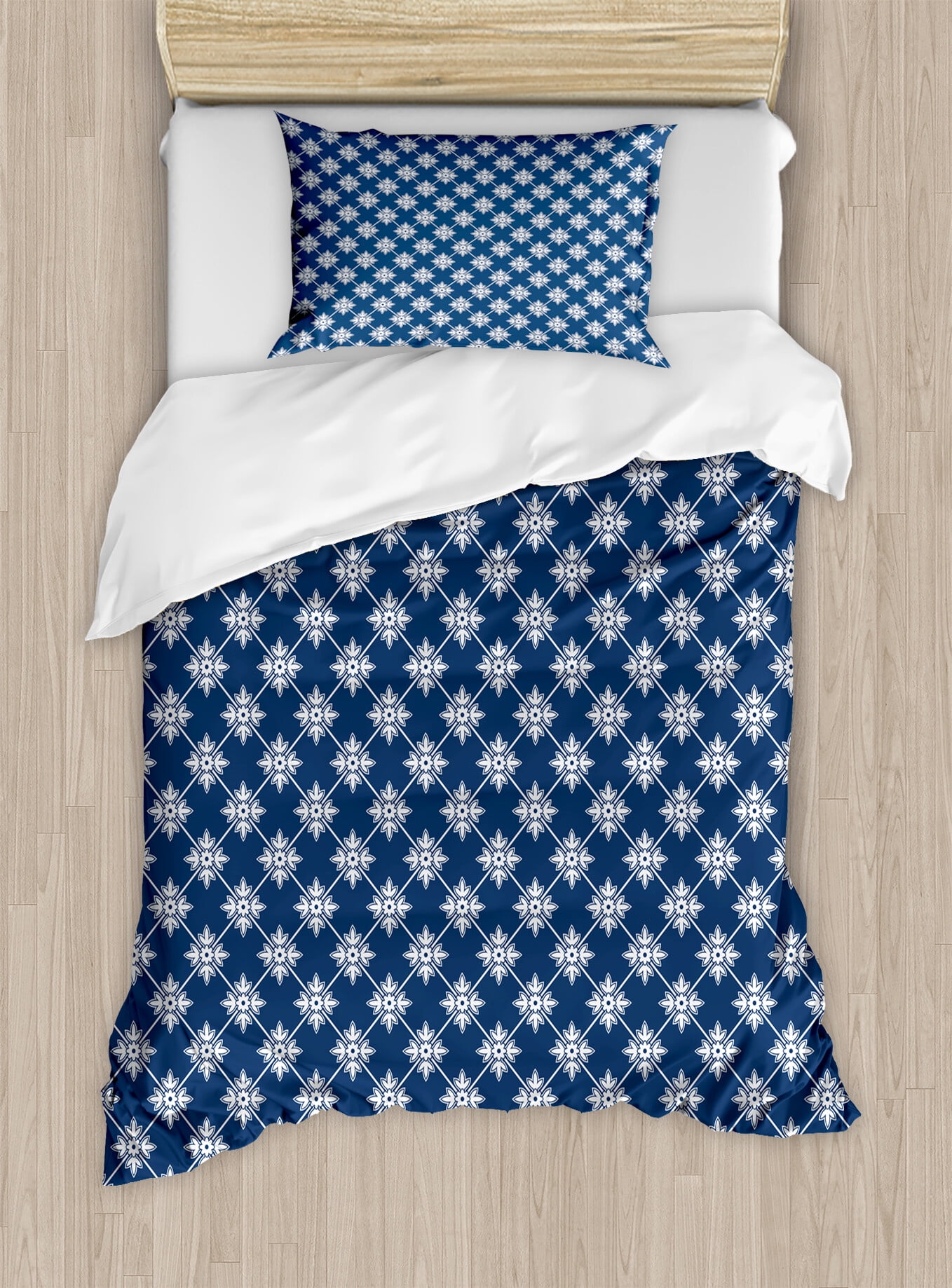Indigo Duvet Cover Set, Greek House Tile Inspired Design with Floral ...
