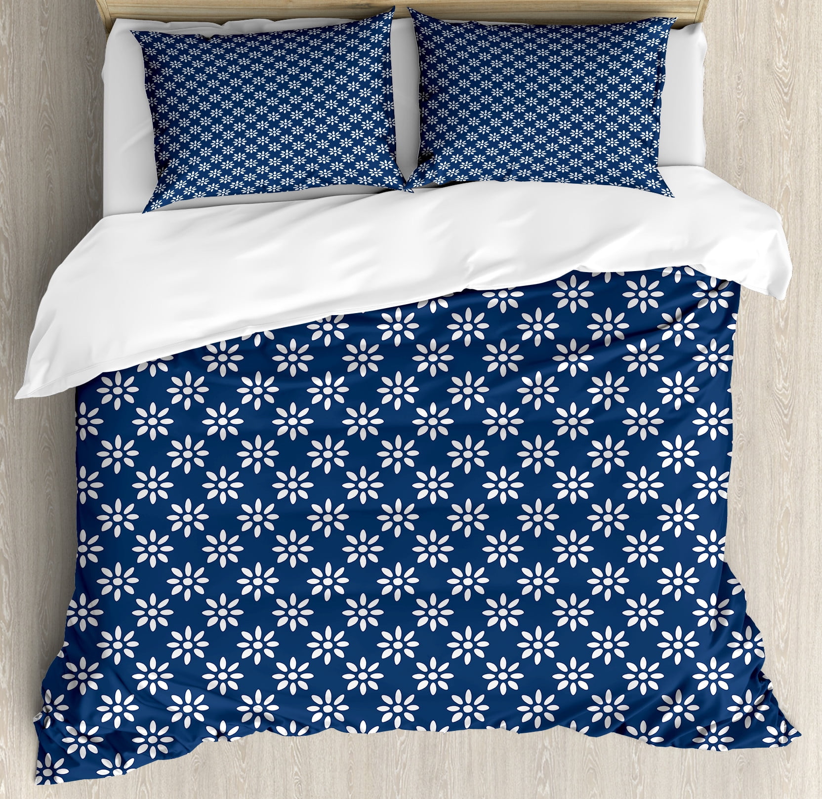 Indigo Duvet Cover Set, Greek House Tile Inspired Image Spring Daisy ...