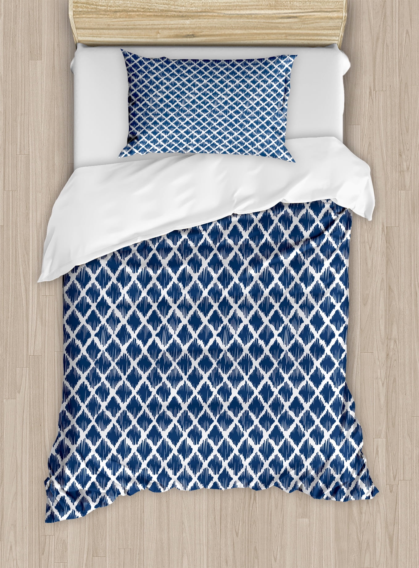 Indigo Duvet Cover Set, Hand Drawn Sketchy Like Zig Zag Inner Design ...