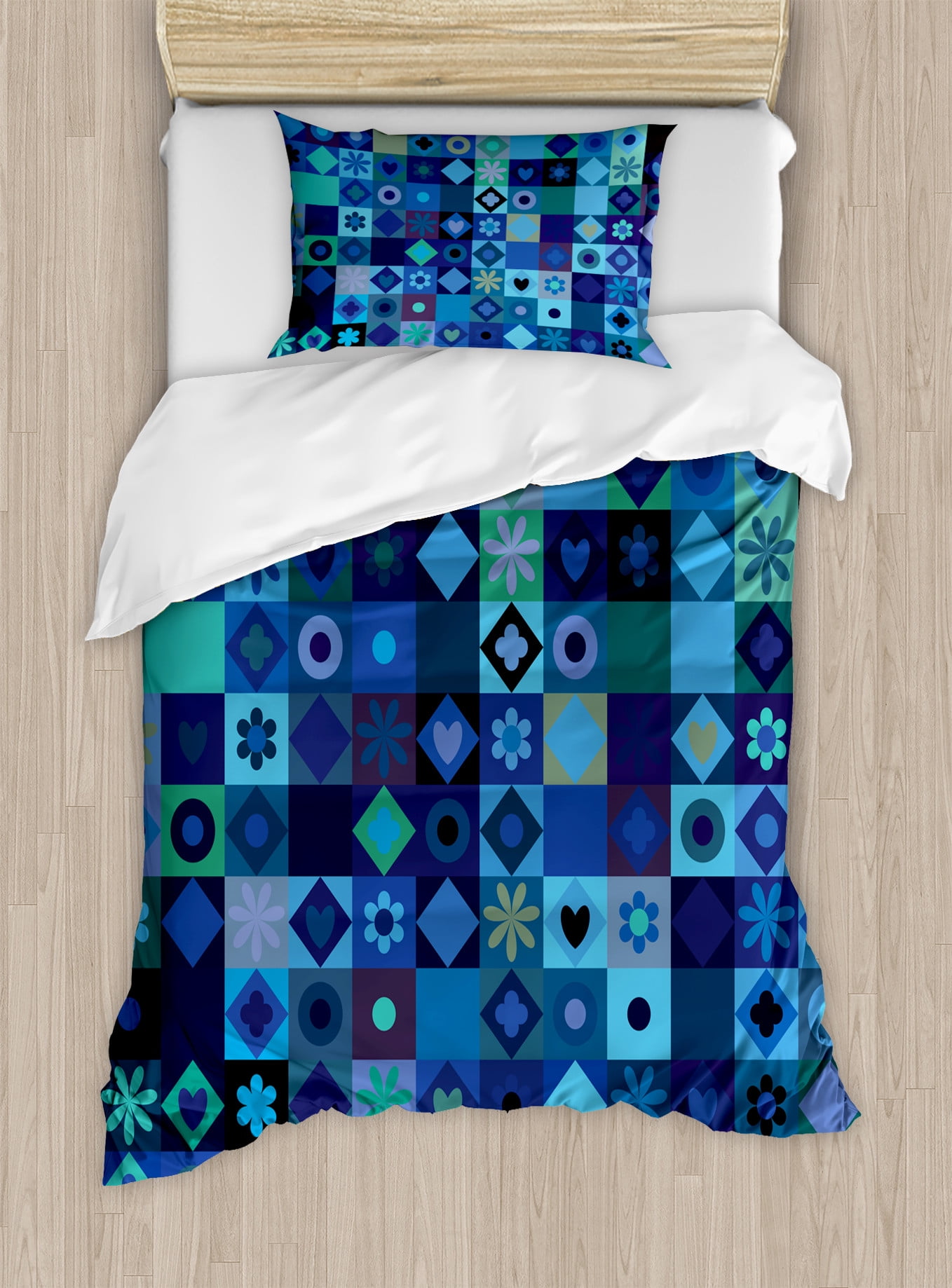 Indigo Duvet Cover Set, Play Cards Inspired Hearts Circles Squares ...