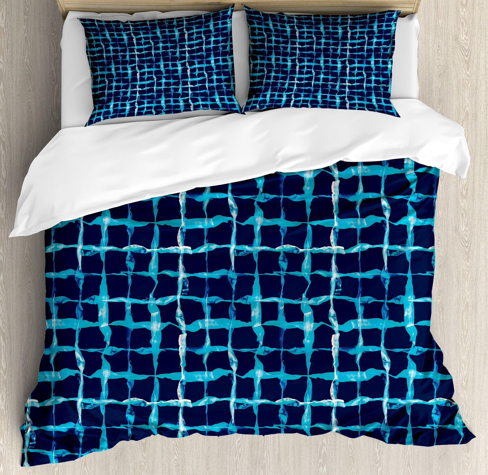 Indigo Duvet Cover Set, Watercolor Print Geometric Squares Lines Aqua ...