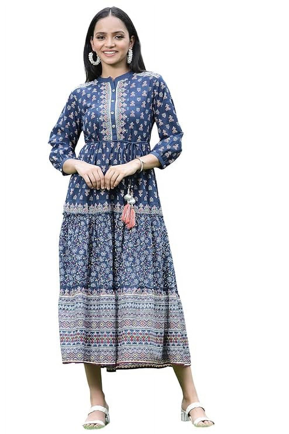 Juniper Indigo Ethnic Motif Printed Pure Cotton Tiered Maxi Dress ...
