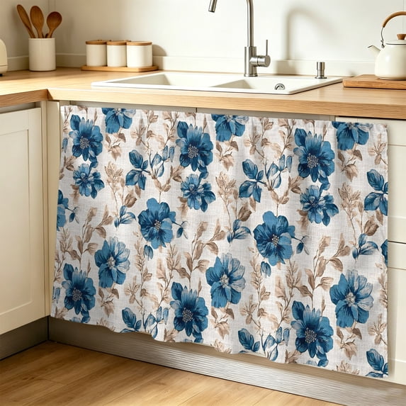 Indigo Florals Cabinet Curtain 28"W x 51"L, Farm Botanical Peonies ...