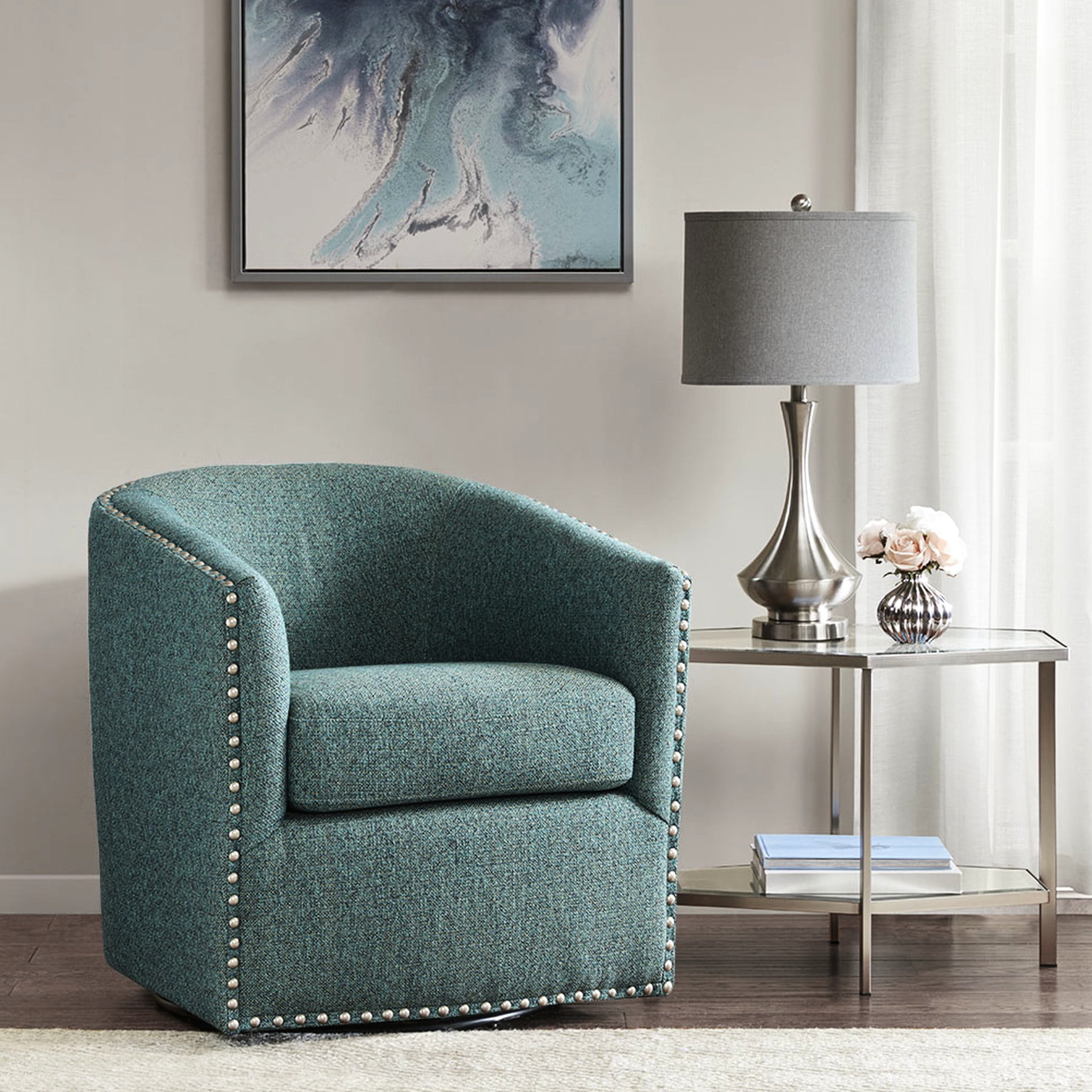 Indigo/Gold Texture & Black Metal Finish - Modern Swivel Chair for Home ...