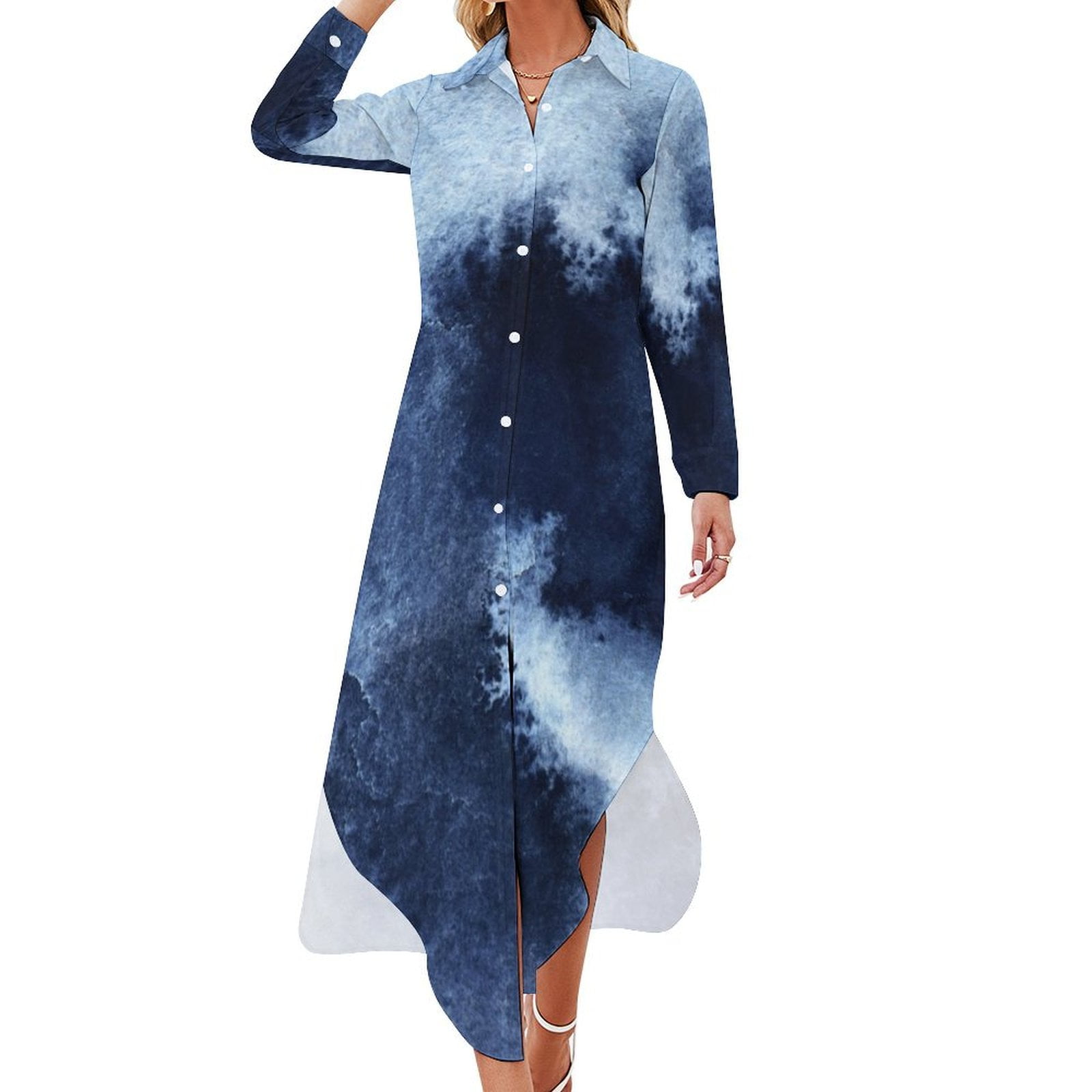 Indigo Nebula Blue Abstract Painting Long Sleeved Shirt Dress dresses ...