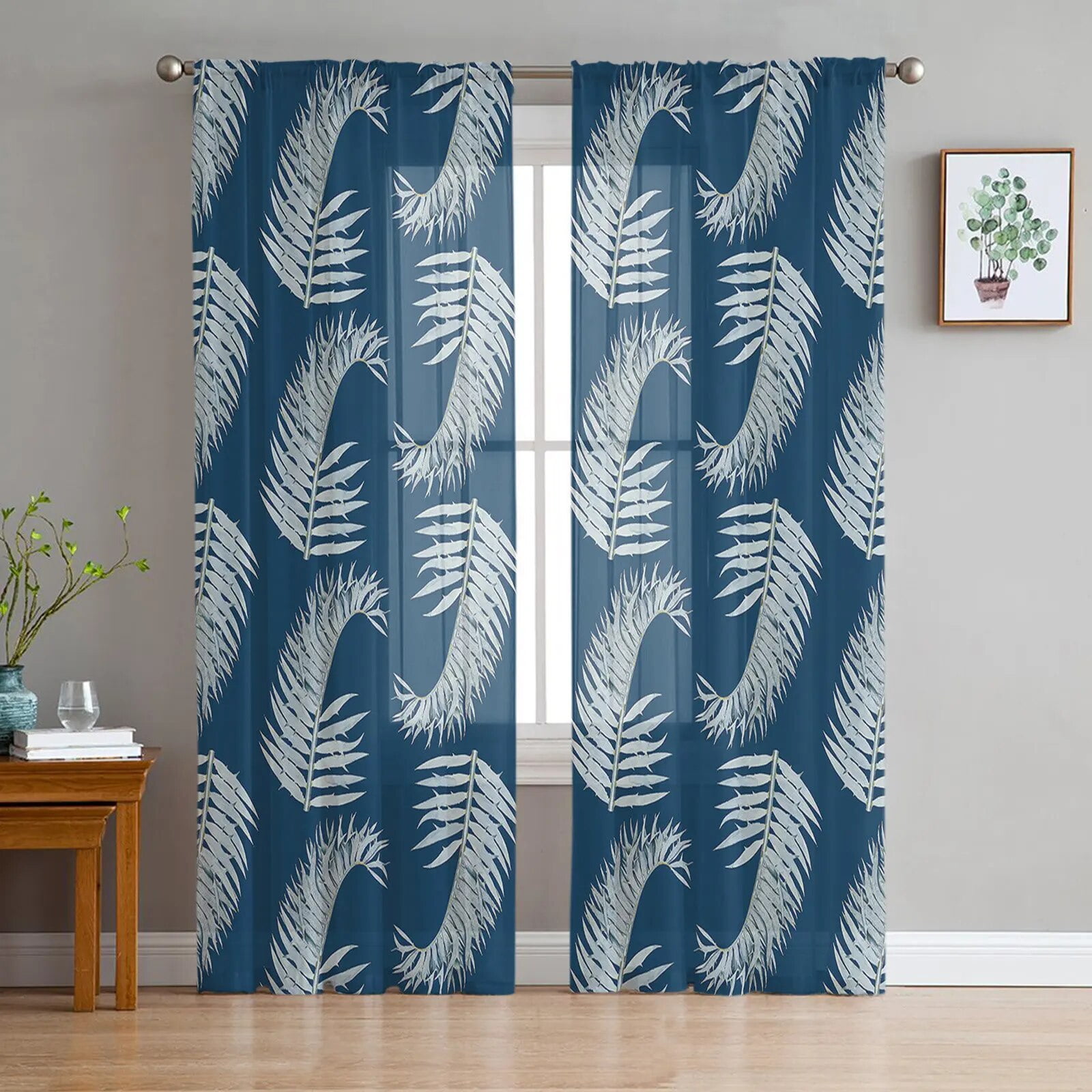 Indigo Palm Tree Leaves Tulle Curtain Home Office Window r Bedroom ...